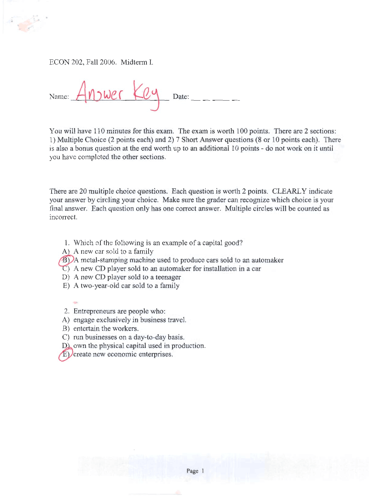 Principles Of Macroeconomics Midterm Exam 1 With Solutions Econ 202 Exams Introduction To