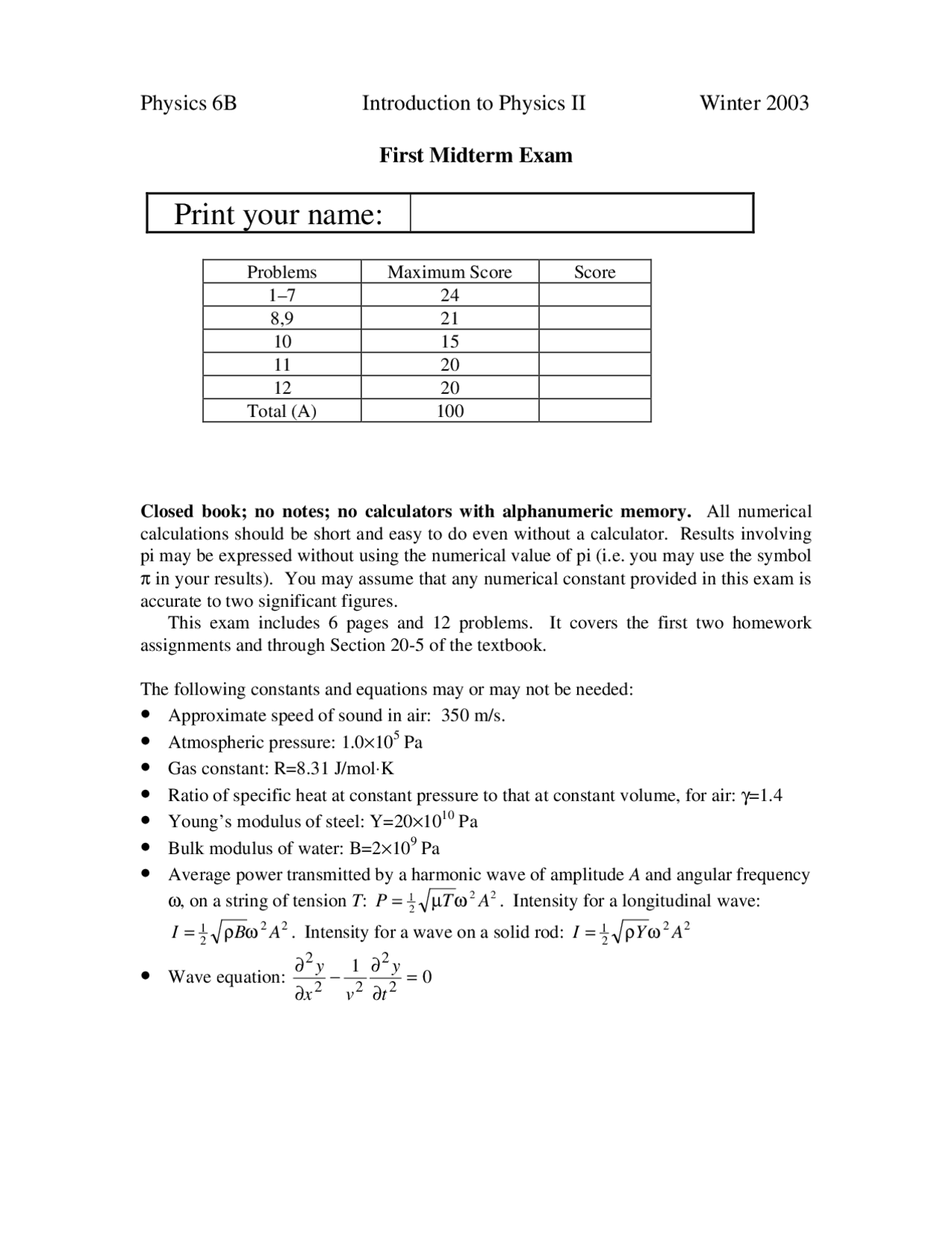 12 Questions On Introductory Physics I Midterm Exam 1 Phys 6 Docsity