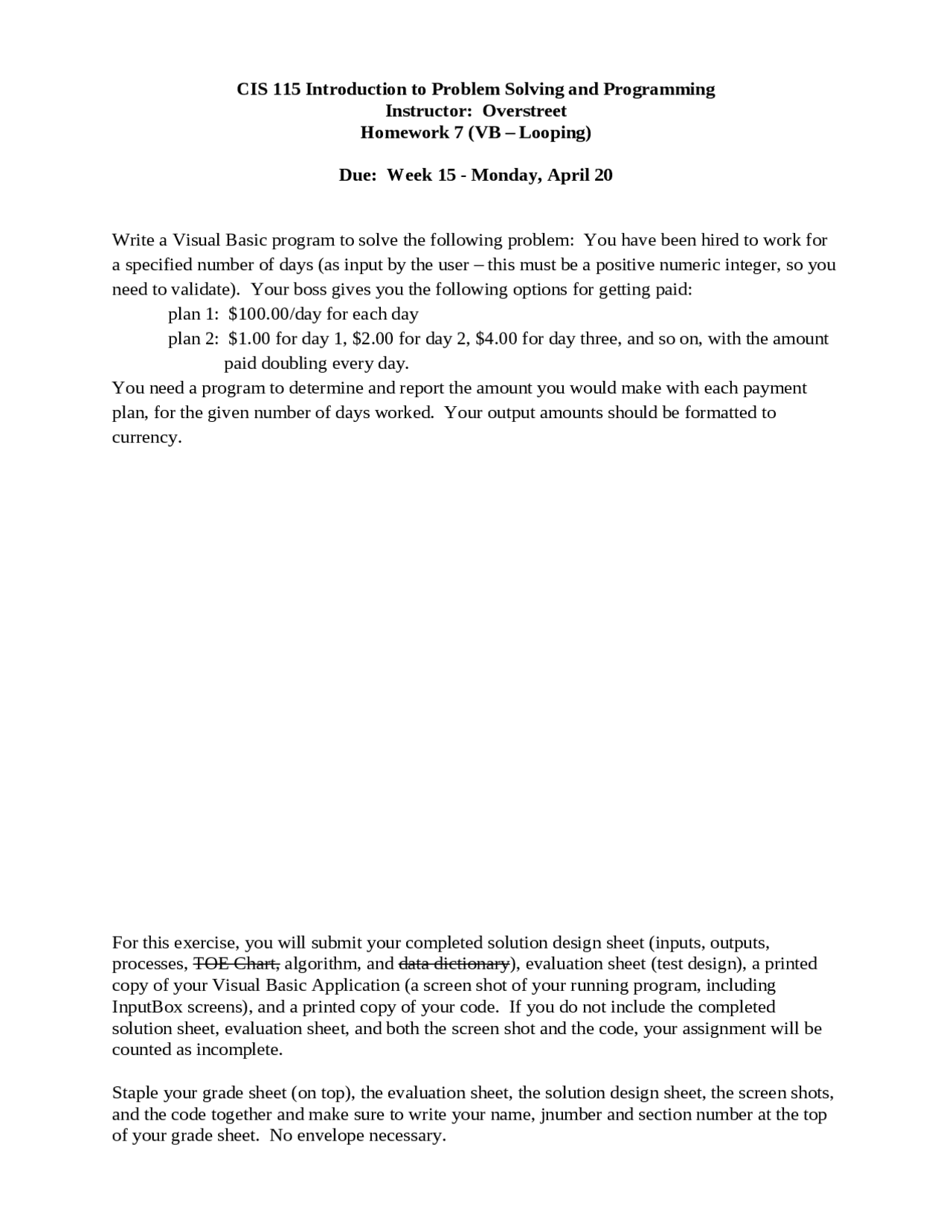 Introduction To Beginning Programming Homework 7 Cis 115 Docsity