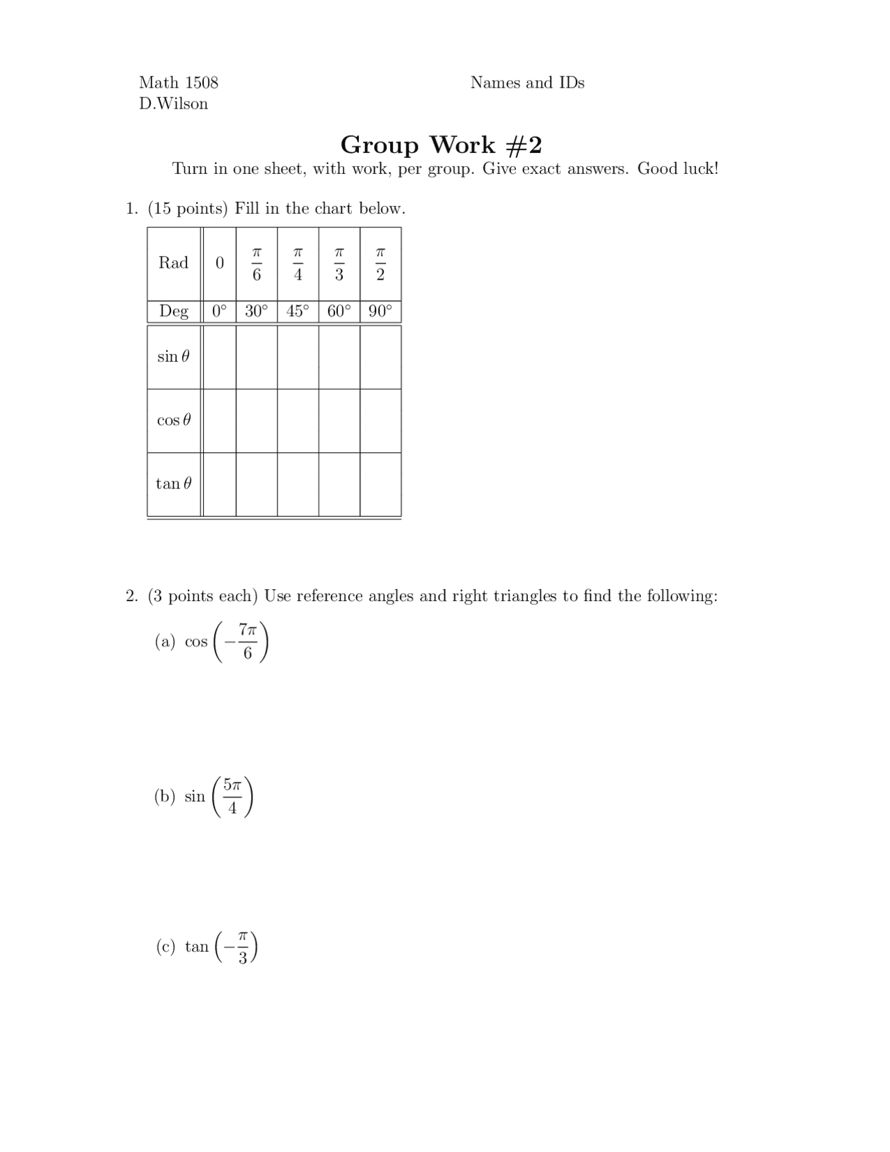 Group Work 2 Practice Problems On Precalculus Math 1508 Docsity