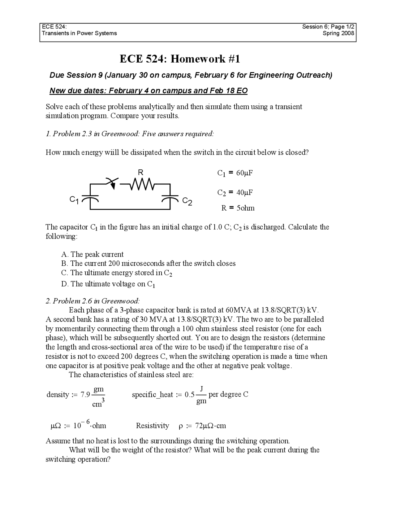 Transients In Power Systems Assignment 1 Ece 524 Docsity