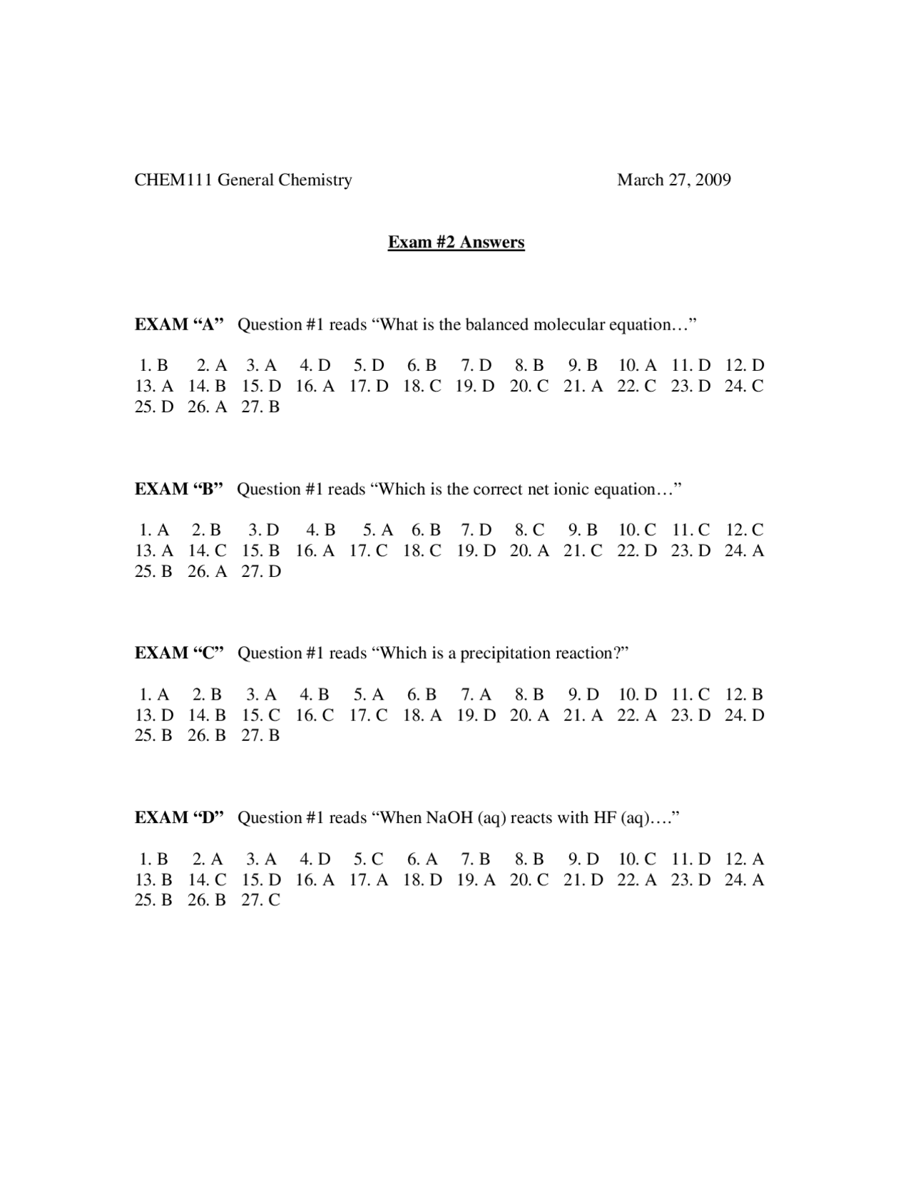 General Chemistry Science Test Ii With Answers Chem 111 Docsity