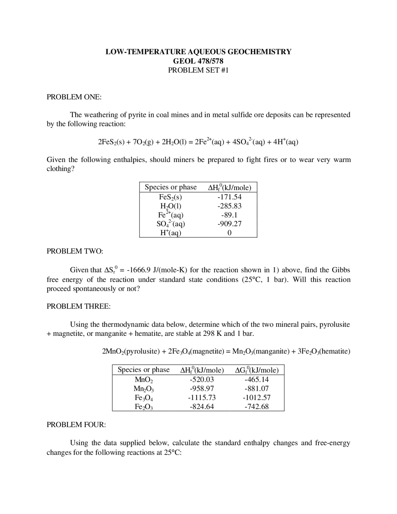 Problem Set 1 For Low Temperature Aqueous Geochemistry Geol 578 Docsity