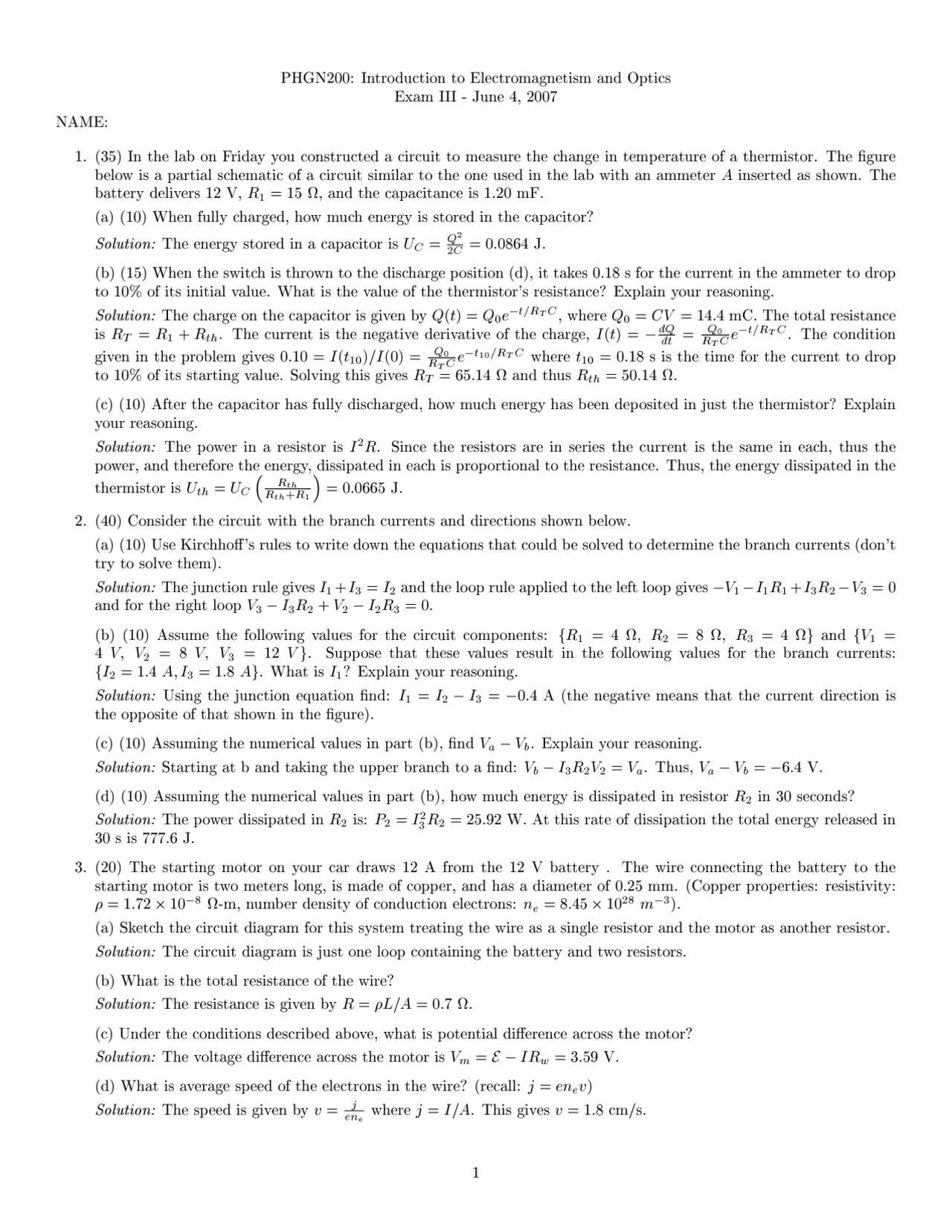 Electromagnetism And Optics Old Exam With Solutions Phgn 200 Docsity