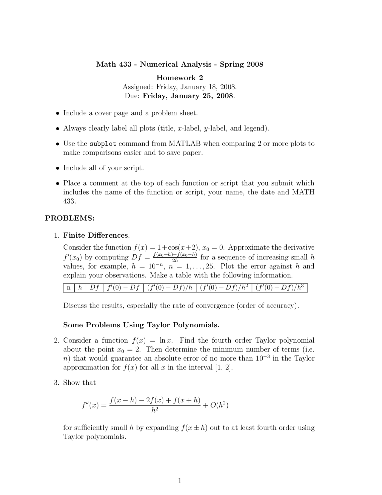 Homework 2 Problems For Numerical Analysis Math 433 Docsity