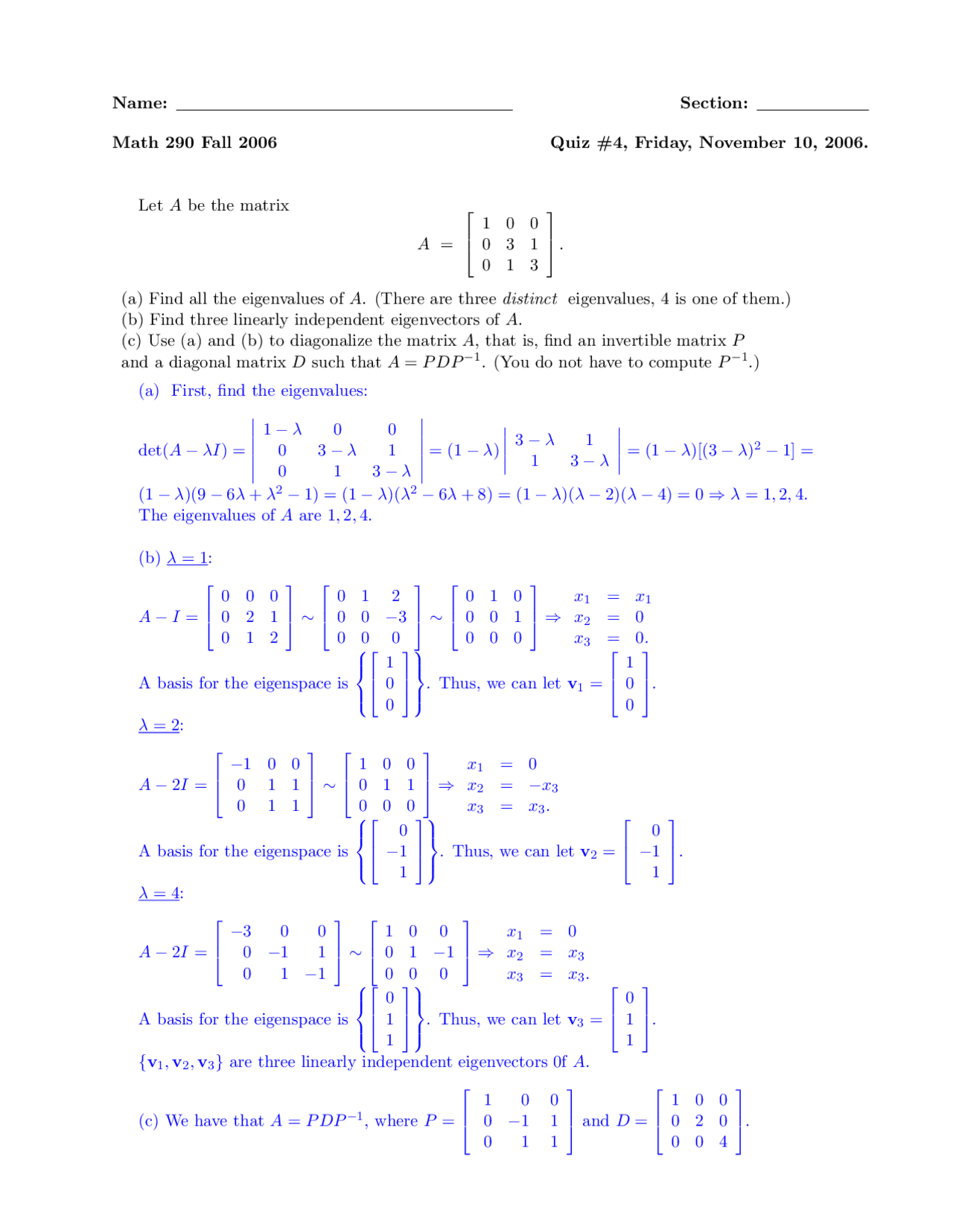 Sample Quiz 4 With Resolution Linear Modeling For Engineers Math