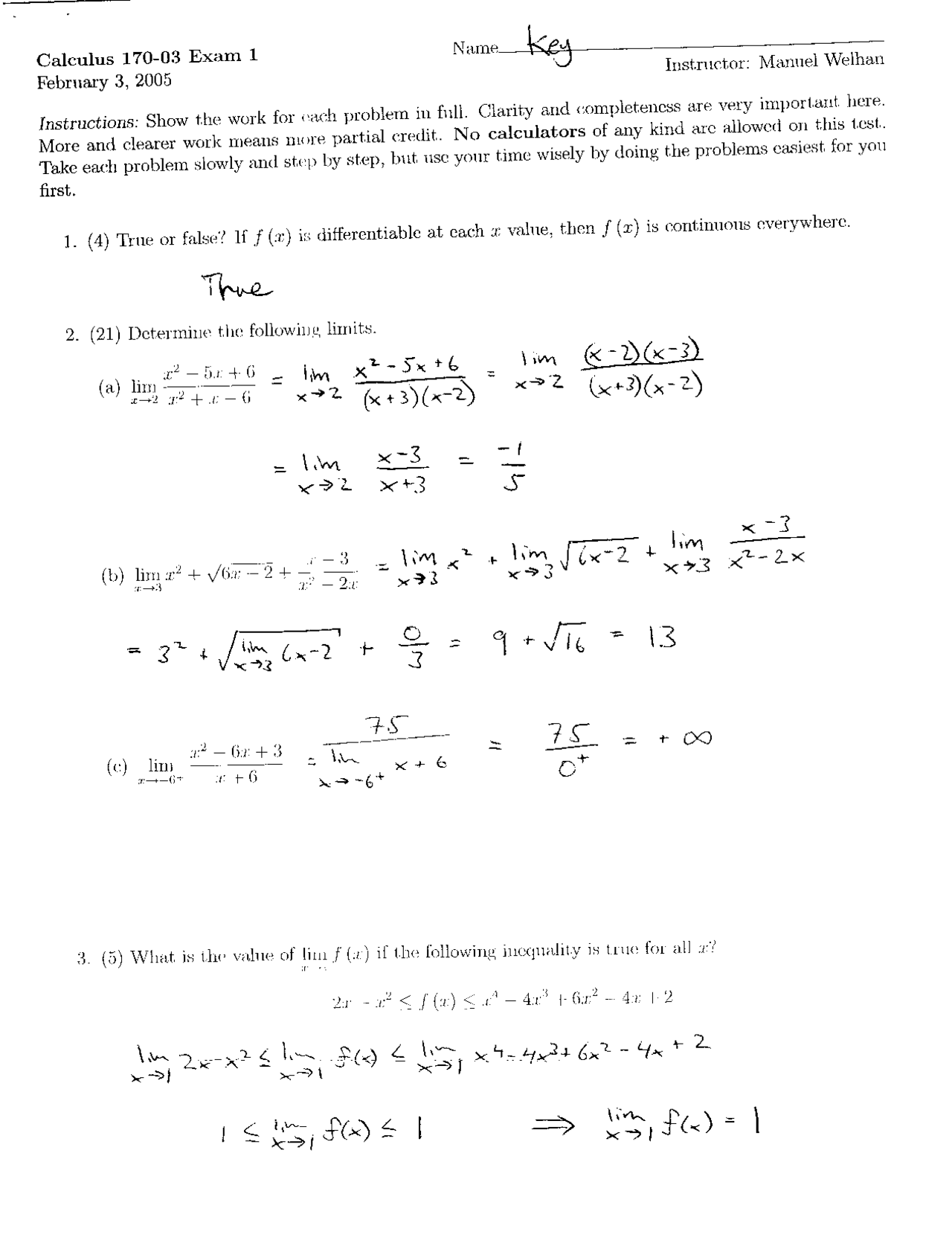 Solutions for Exam 1 - Analytic Geometry and Calculus I | MATH 170 | Exams Analytical Geometry ...