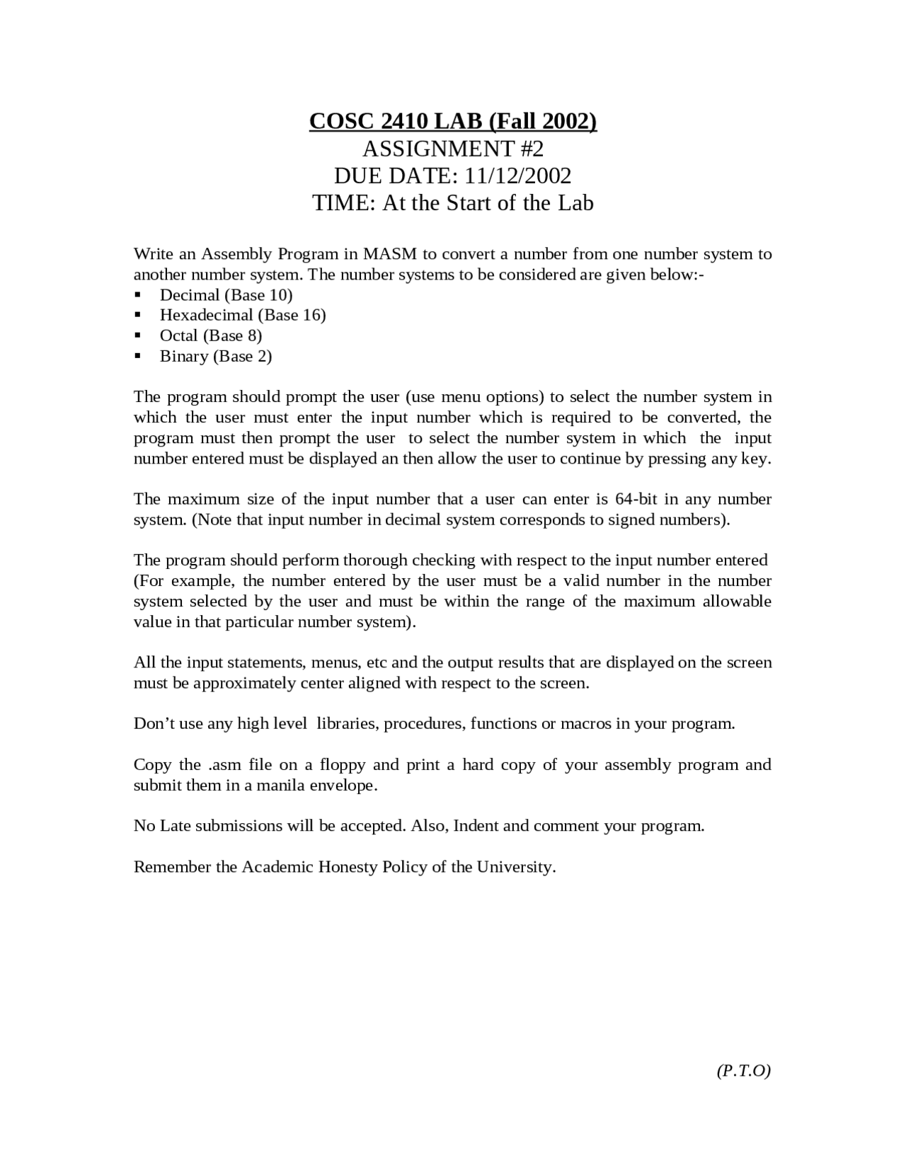 Output Format in Assembly Program in MASM - Homework 2 | COSC 2410 - Docsity