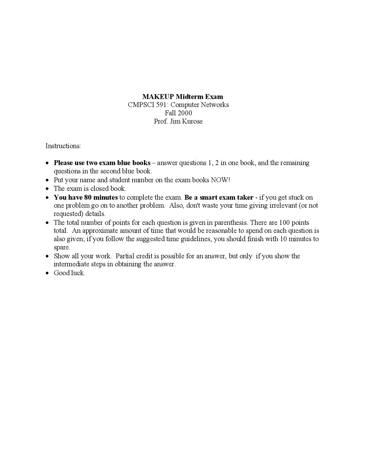 Midterm Exam Questions Computer Network Fall 2000 Cmpsci 591 Docsity