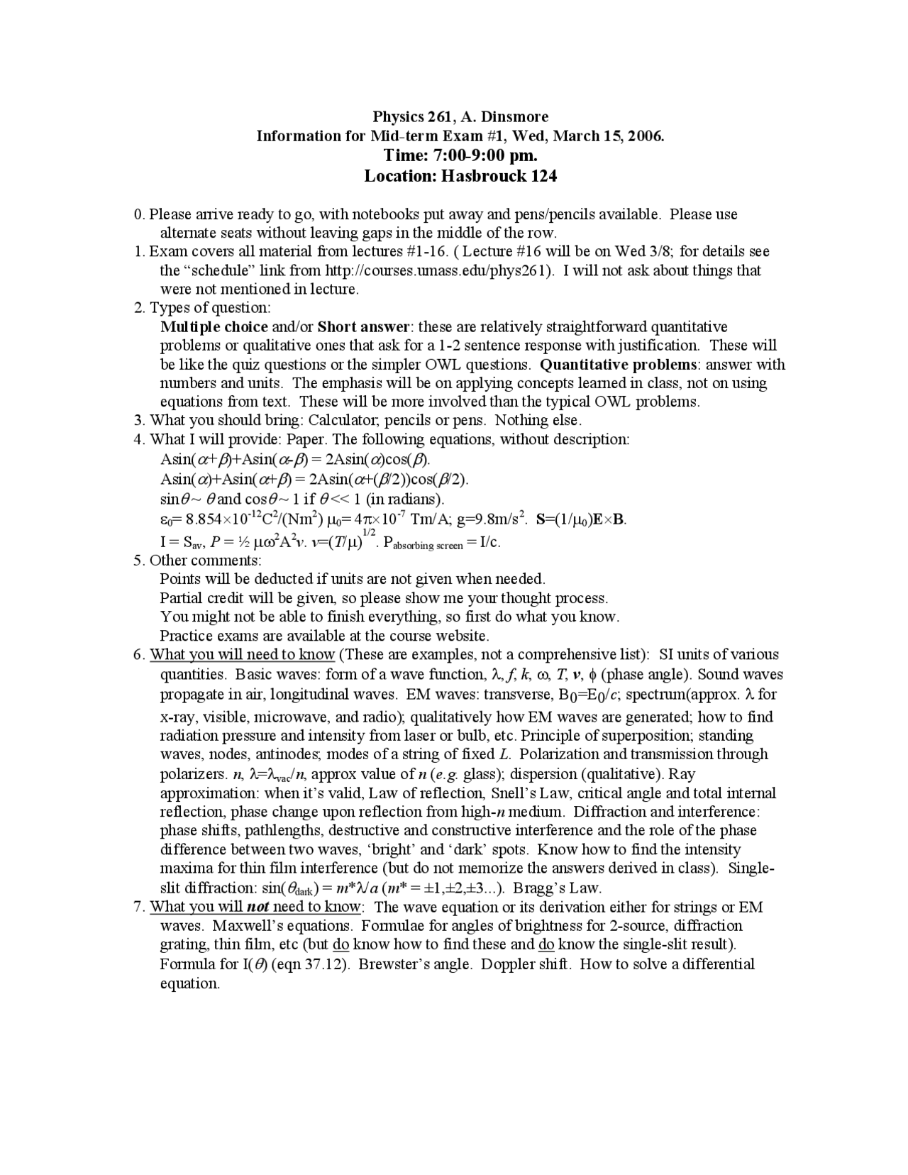 Information For Midterm Exam 1 On General Physics Iii Physics 261