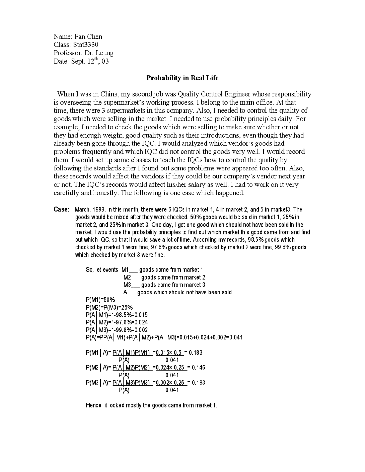 Probability in Real Life - Assignment #3 | STAT 3330 - Docsity