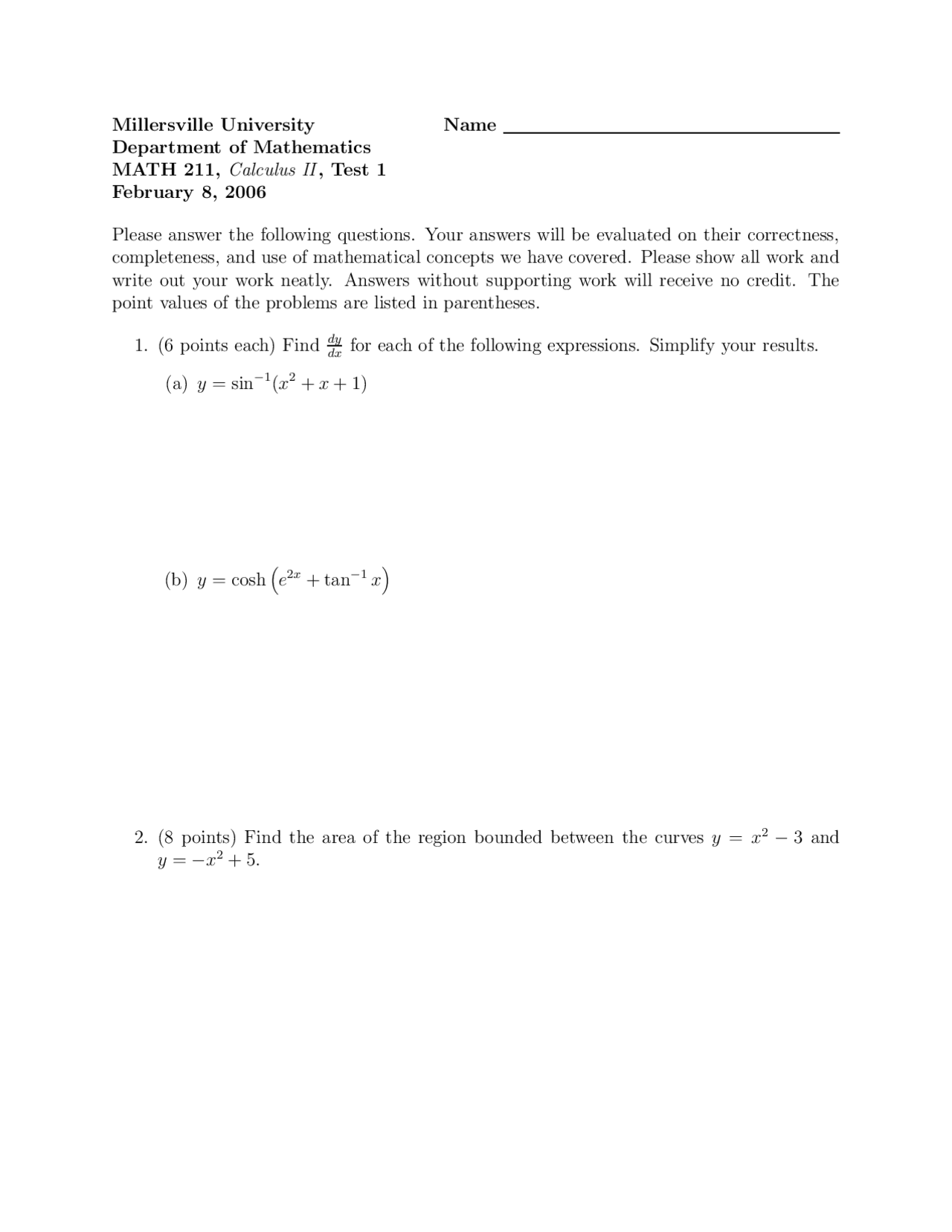 10 Unsolved Questions Exam Calculus 2 Math 211 Docsity