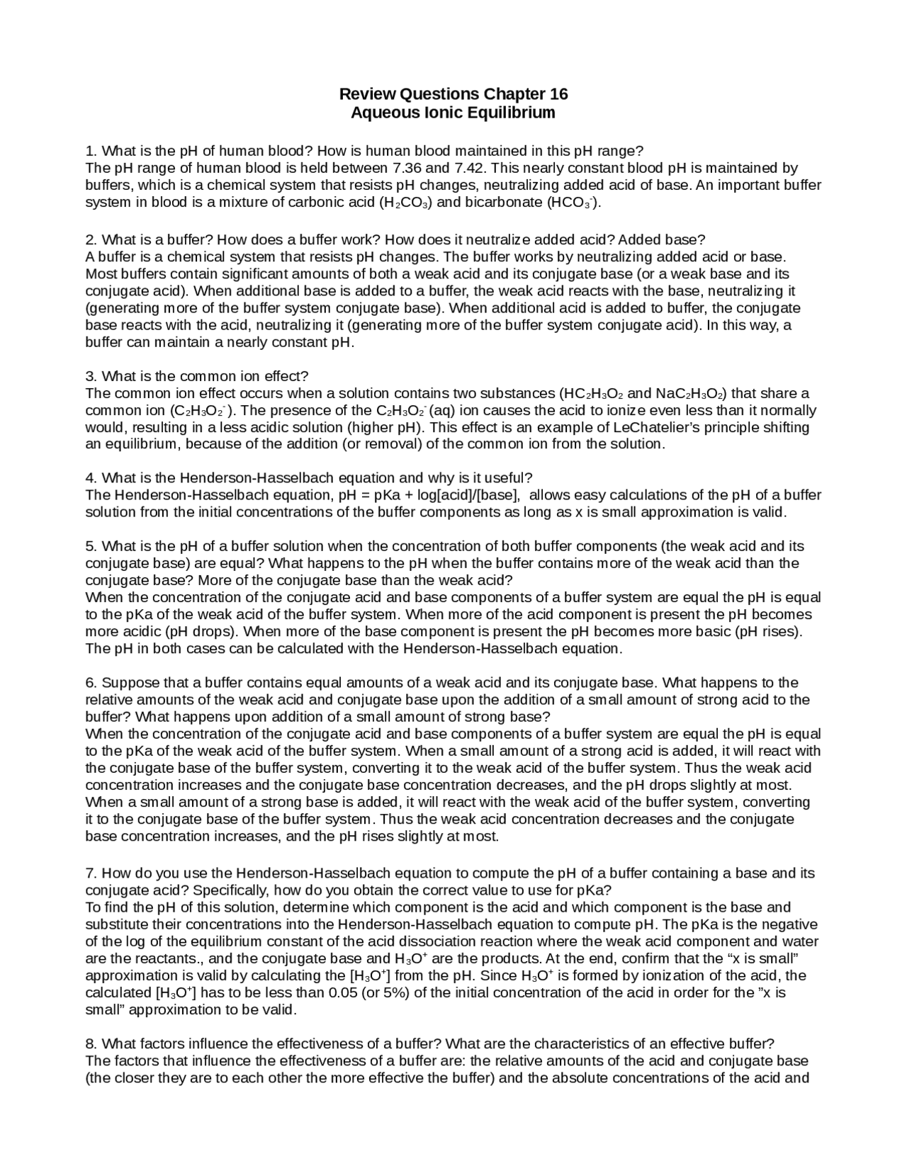 Aqueous Ionic Equilibrium Review Questions Chm 2046c Docsity