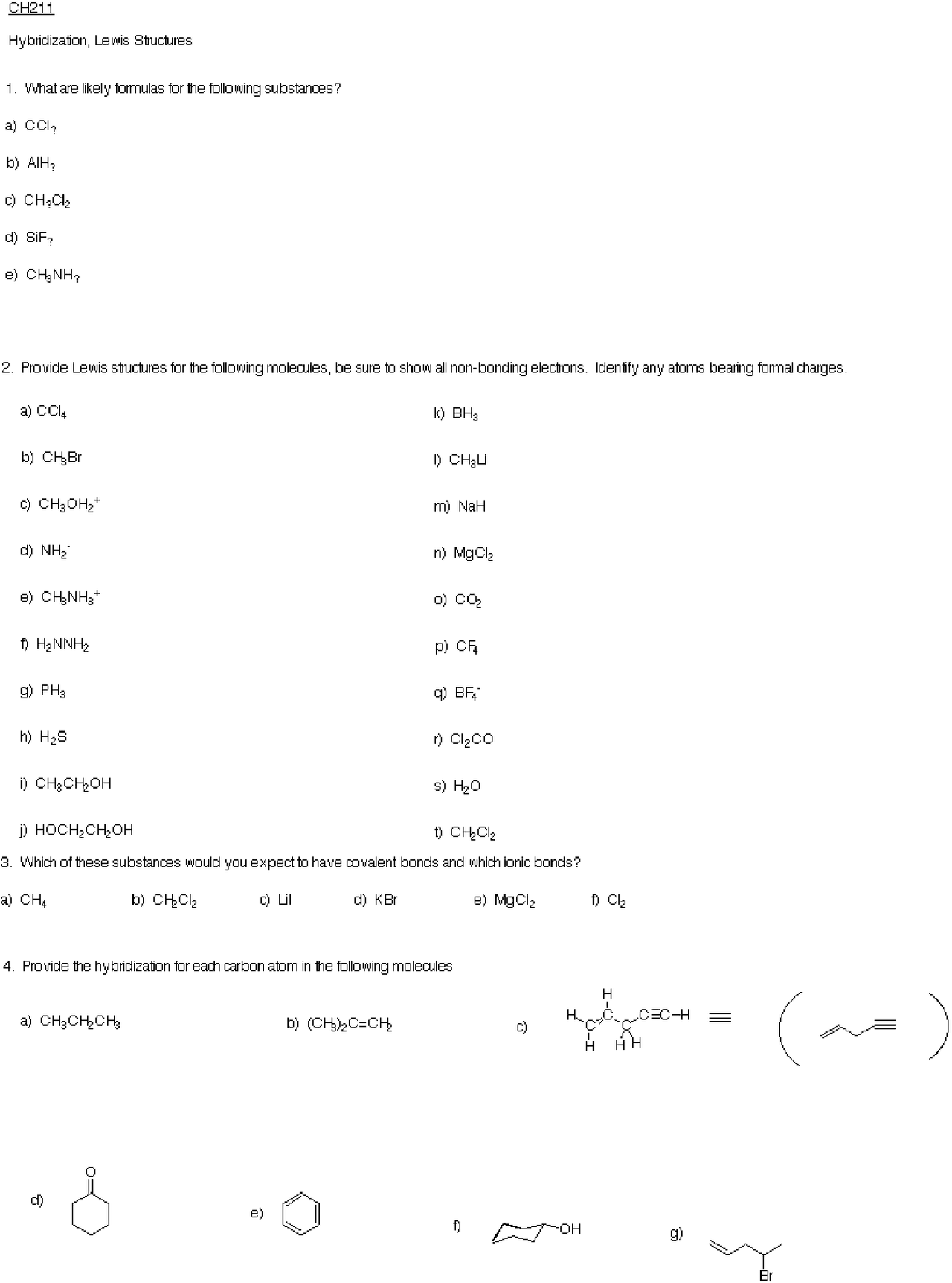 Hybridization and Lewis Structures - Problems | CHEM 211 - Docsity