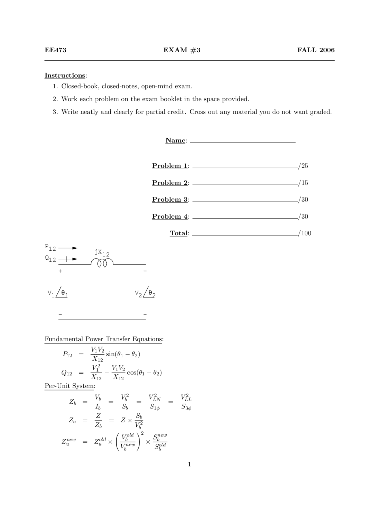 Exam 3 Problems Power System Analysis I Fall 2006 Ece 473 Docsity