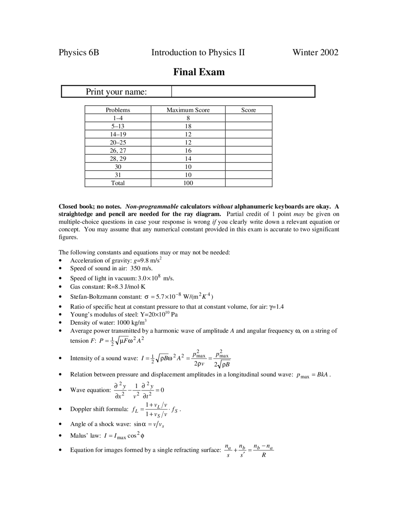 31 Problems On Introductory Physics I Final Examination Phys 6