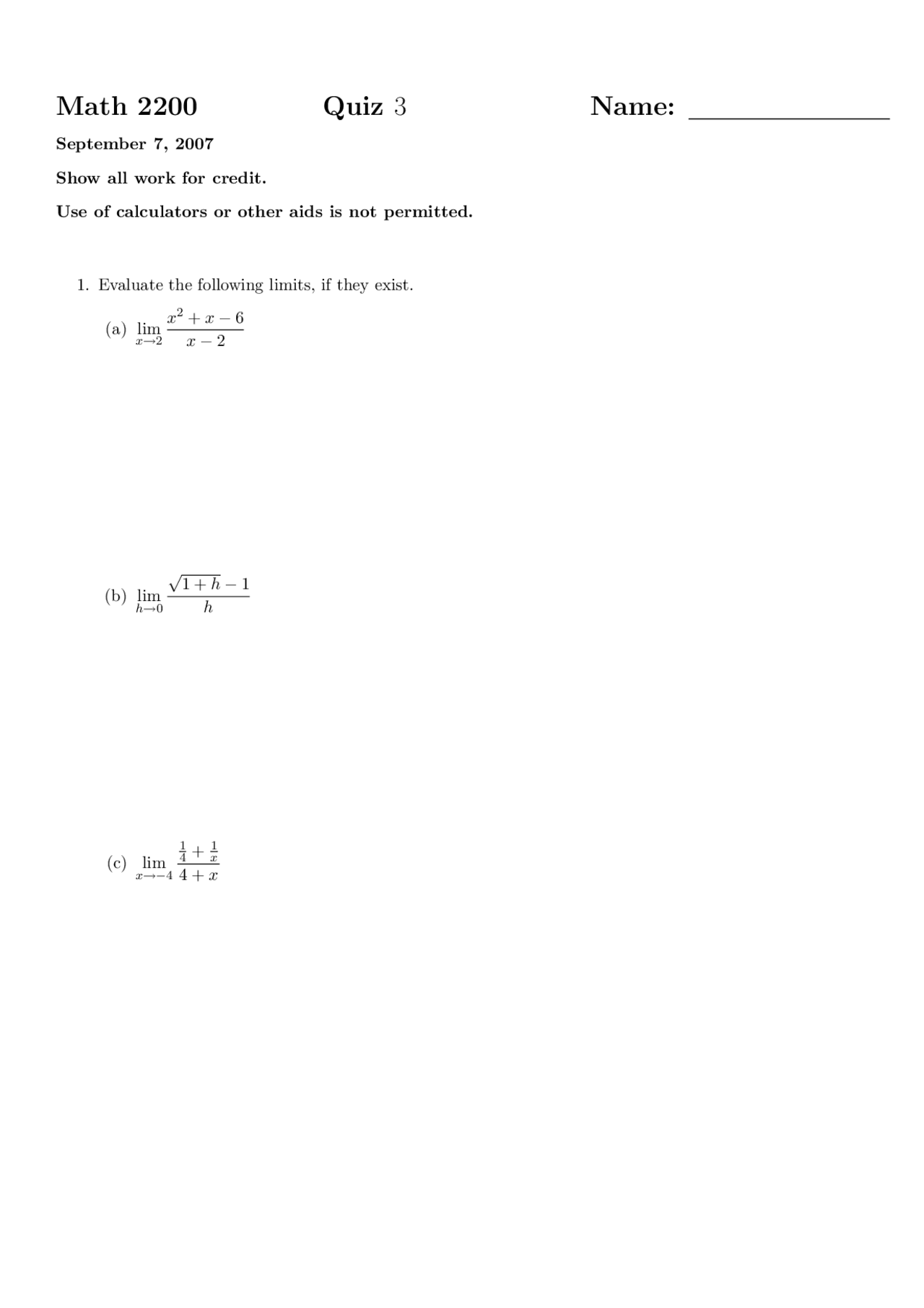 Practice Questions for Quiz 3 - Calculus I | MATH 2200 - Docsity