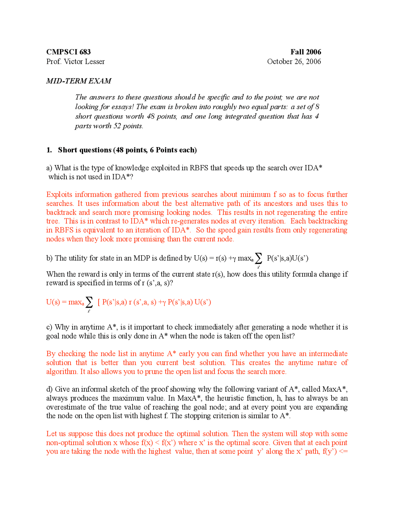 Old Midterm Exam With Solutions Artificial Intelligence Cmpsci 683