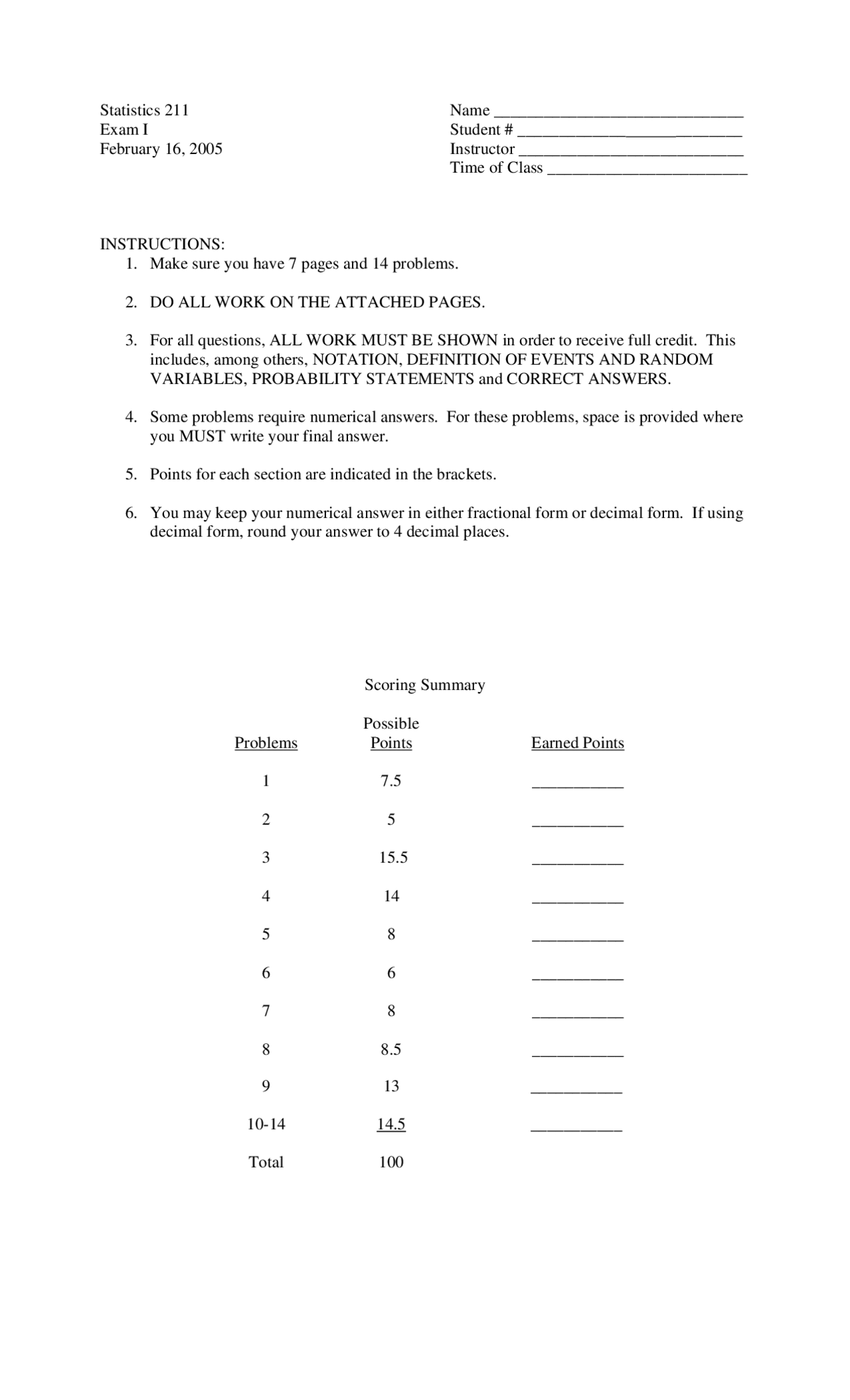 14 Unsolved Problems Exam Elementary Statistical Methods I Stat 211