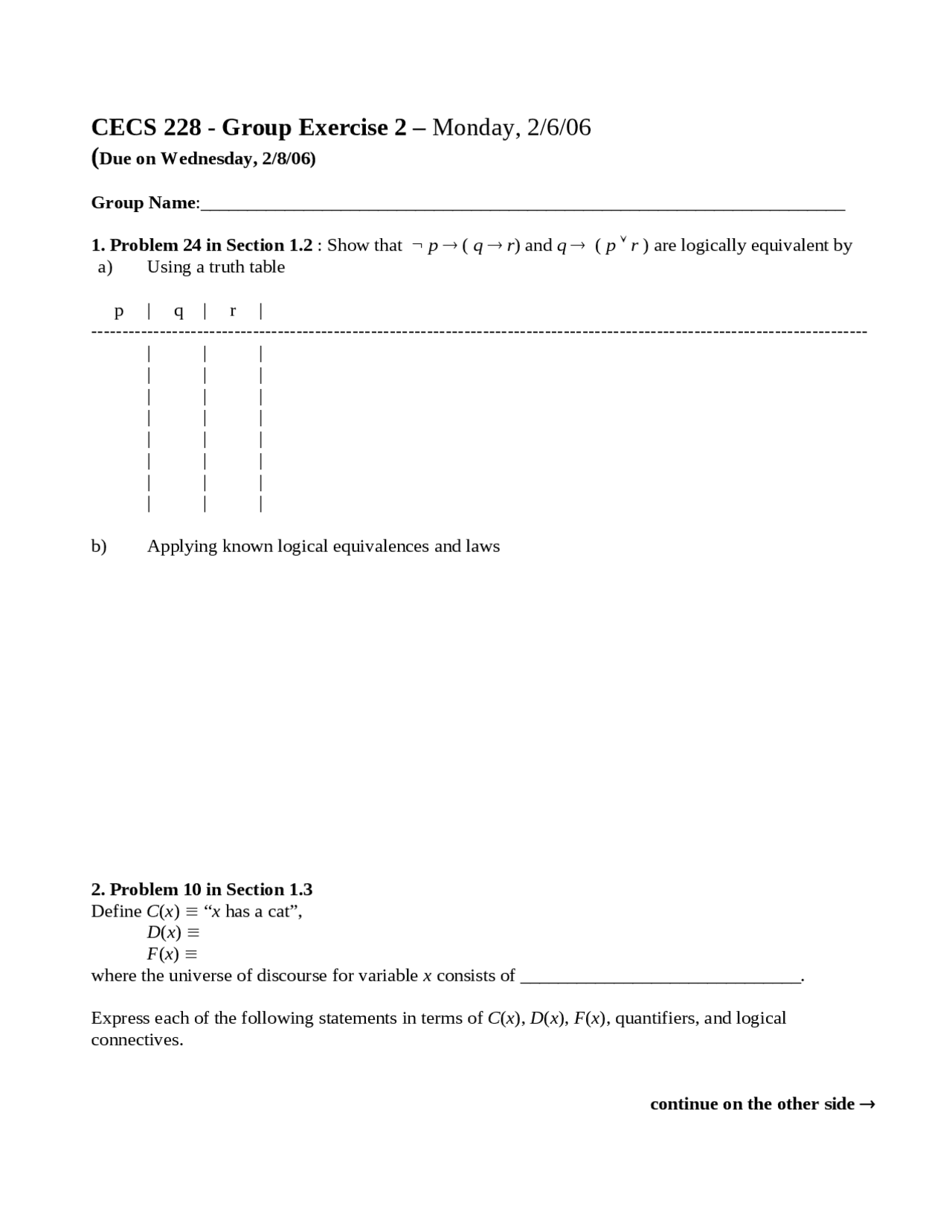 CECS 228 Group Exercise 2 - Logic and Discrete Structures | Assignments Discrete Structures and ...