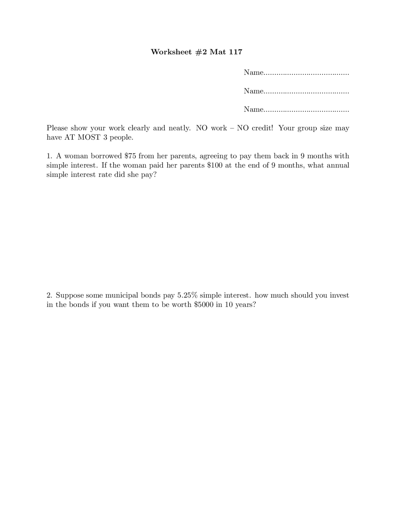 6 Problems on Mathematical Concepts - Assignment 2 | MAT 117 - Docsity