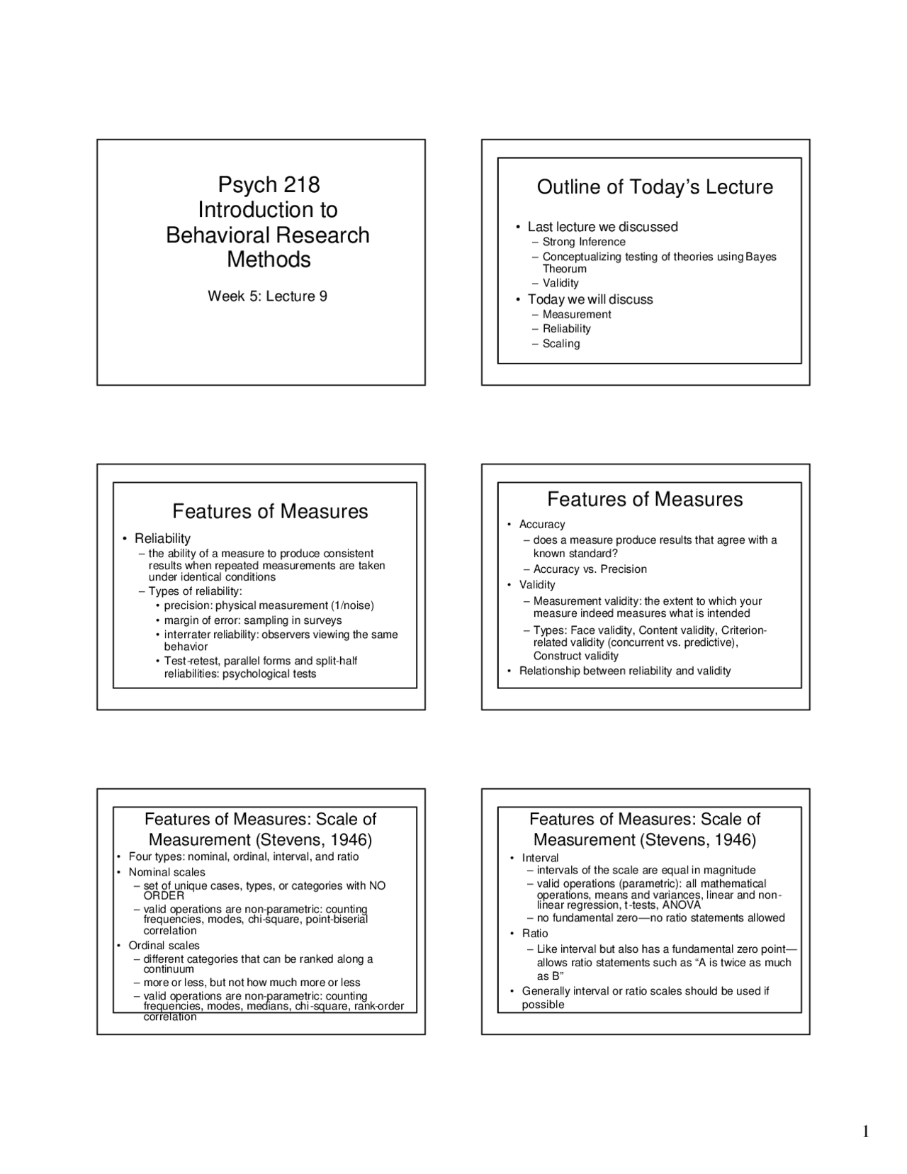 Lecture Slides on Measurement, Reliability and Scaling | PSYC 218 - Docsity