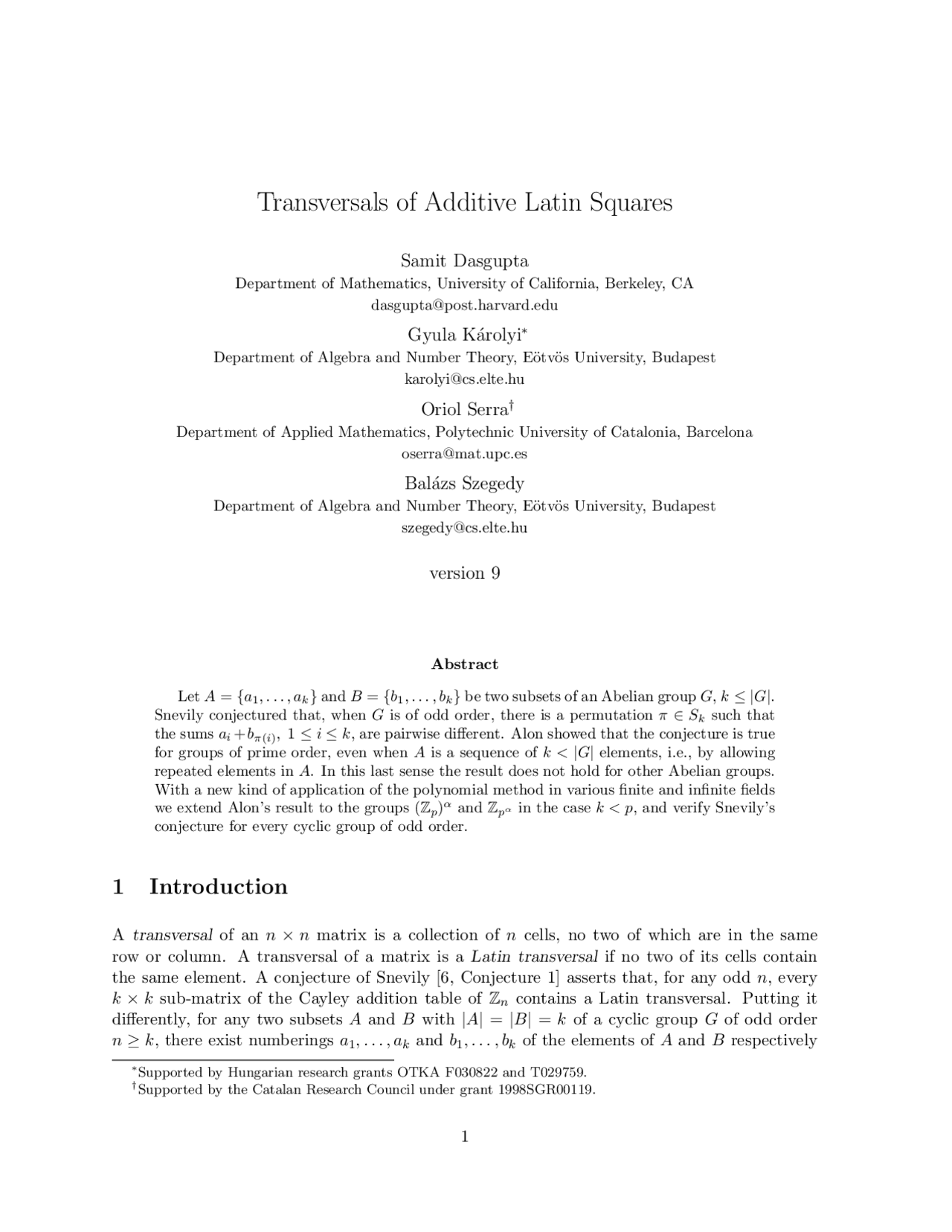 Transversals of Additive Latin Squares | MATH 117 - Docsity