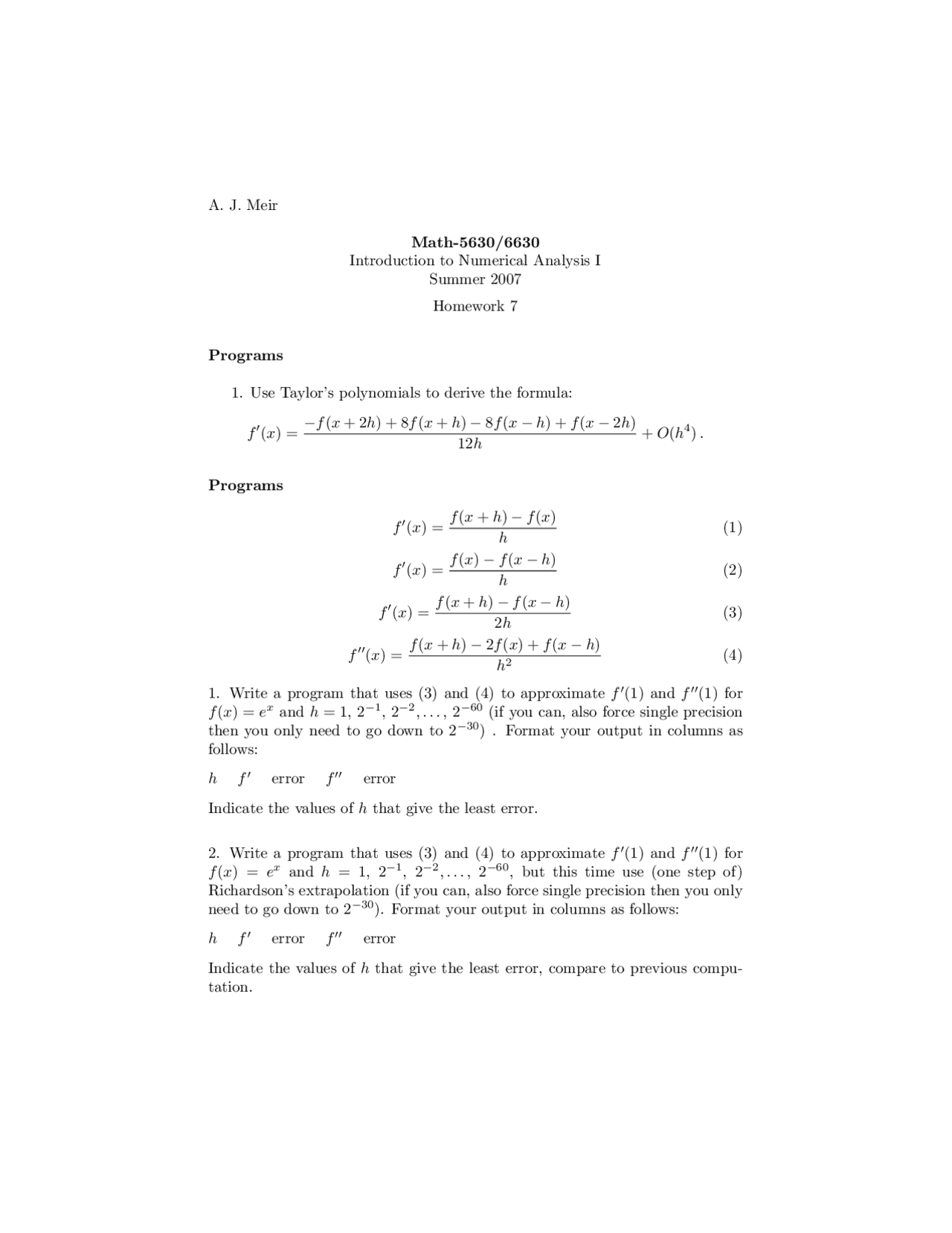 Introduction To Numerical Analysis I Homework 7 Programs Math 5630 Docsity
