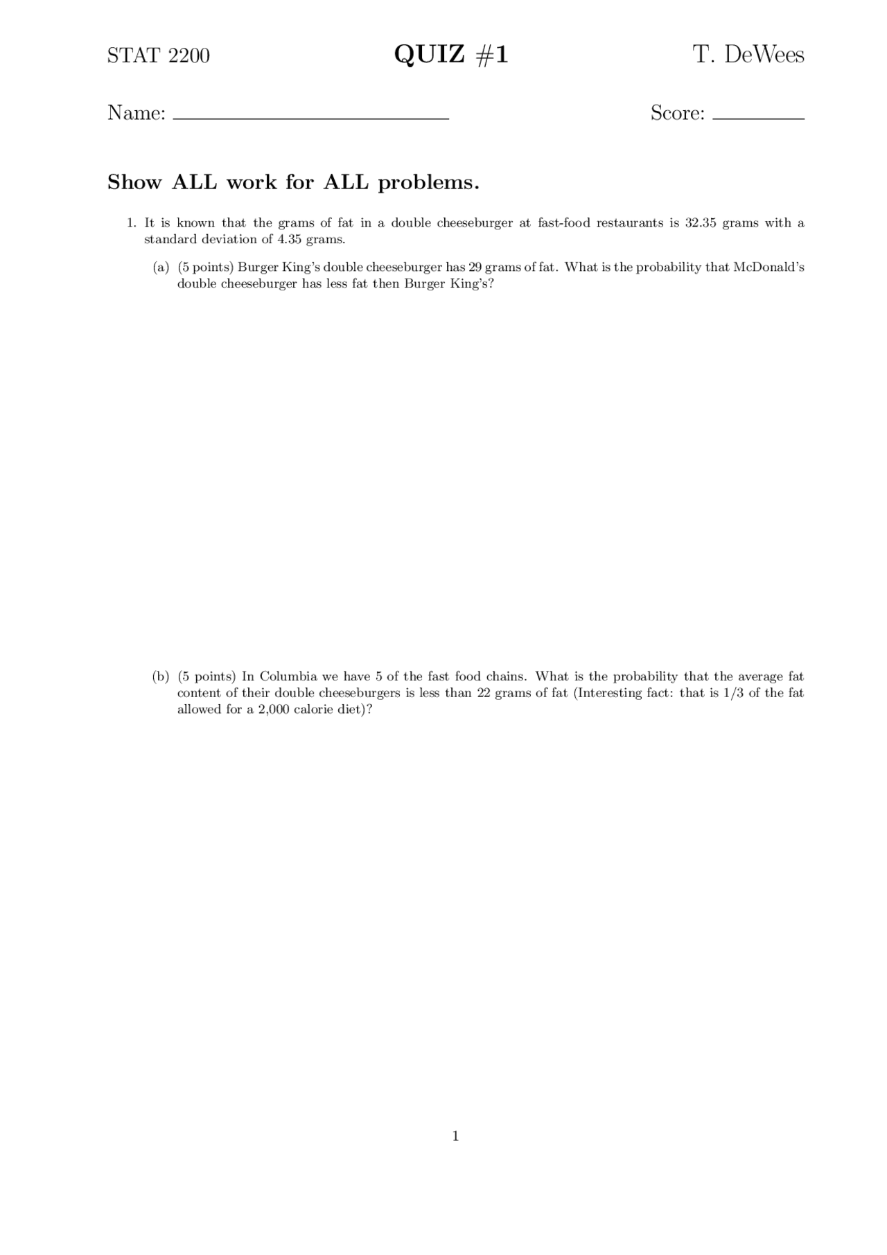 STAT 2200 Quiz 1: Probability and Statistics | Quizzes Data Analysis & Statistical Methods | Docsity