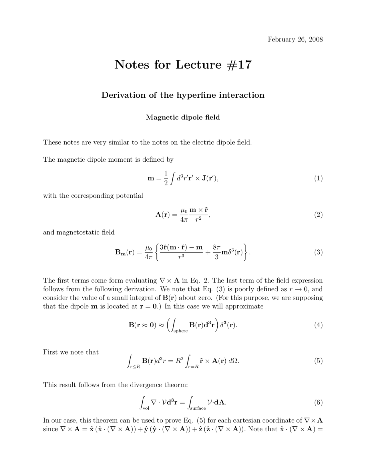 Derivation Of The Hyperfine Interaction Magnetic Dipole Field Phy 712