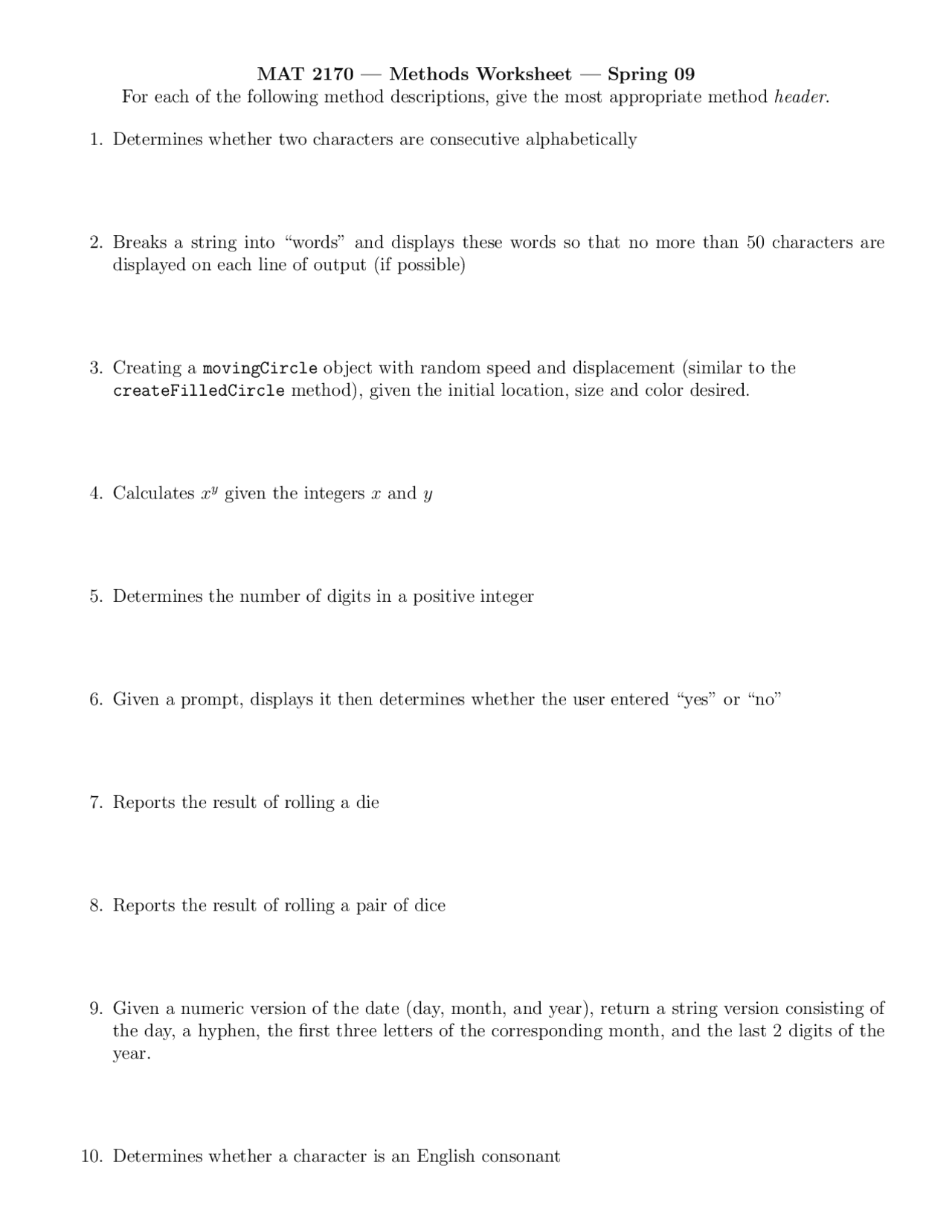 Methods Worksheet: Identifying Appropriate Method Headers for Various ...