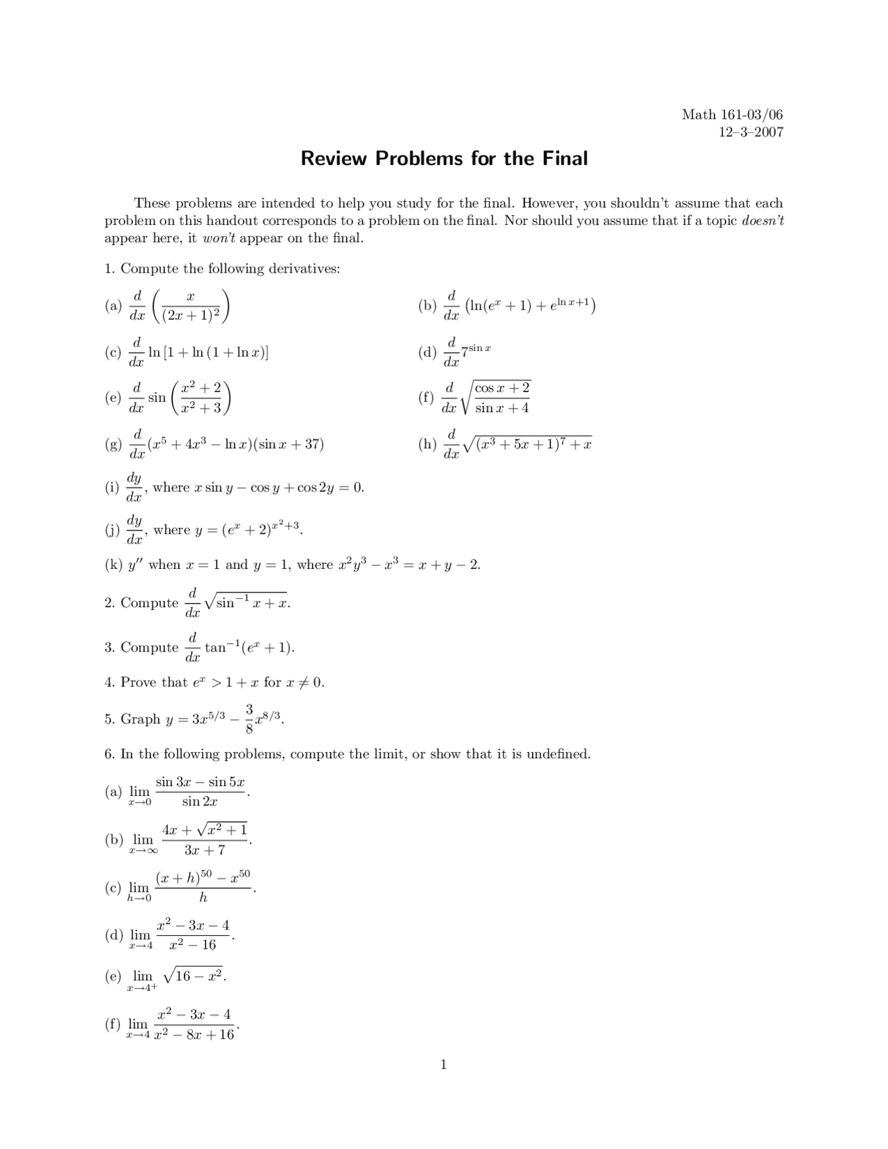 Compute The Derivatives And Limits 24 Problems Calculus I Math 161
