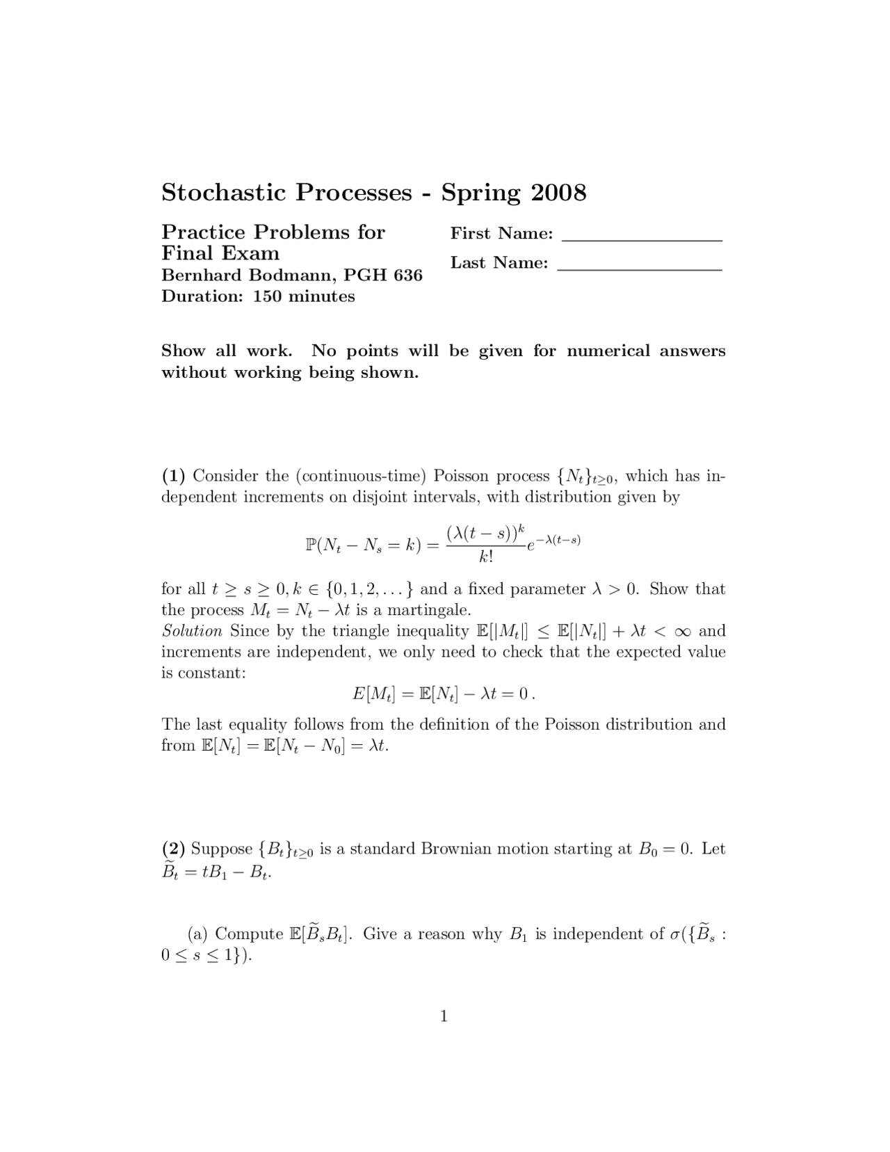 6 Practice Problems For Final Exam On Stochastic Processes Math 6397