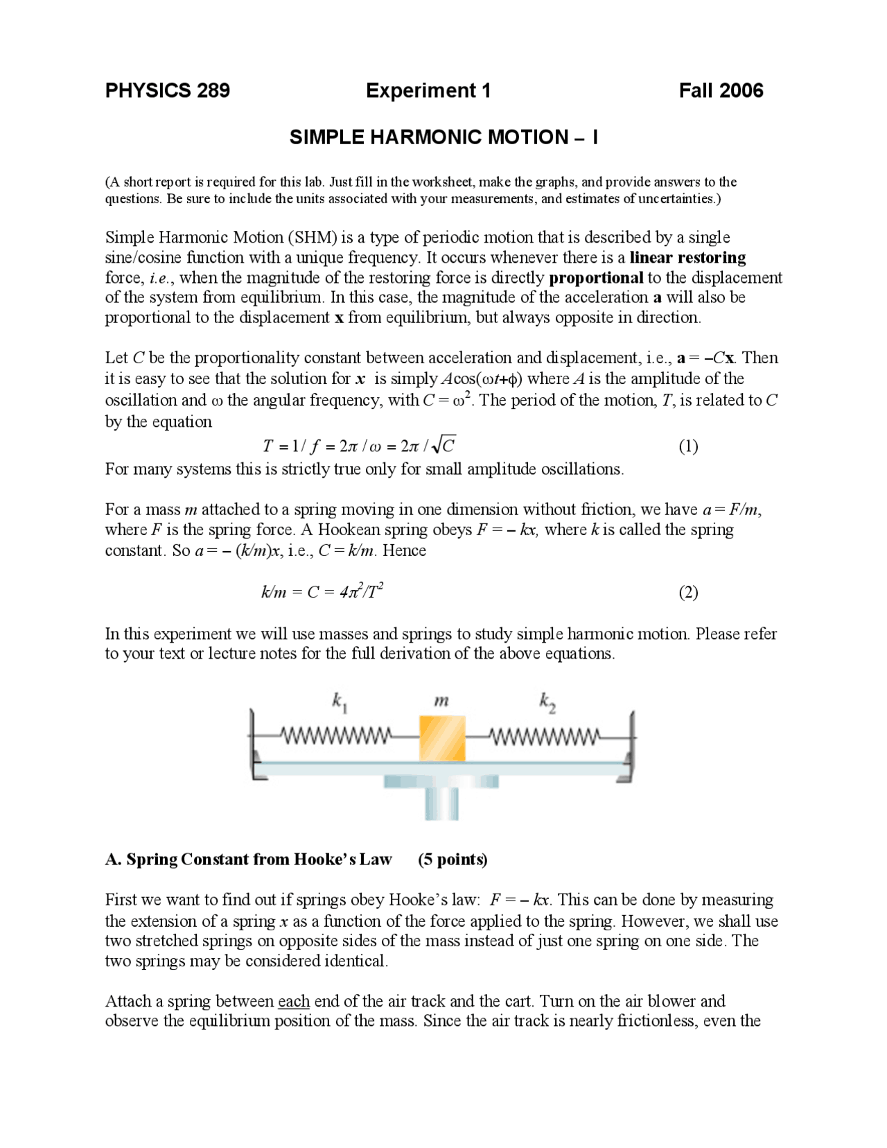 Experiment 1: Simple Harmonic Motion - I - Fall 2004 | PHYSICS 289 ...