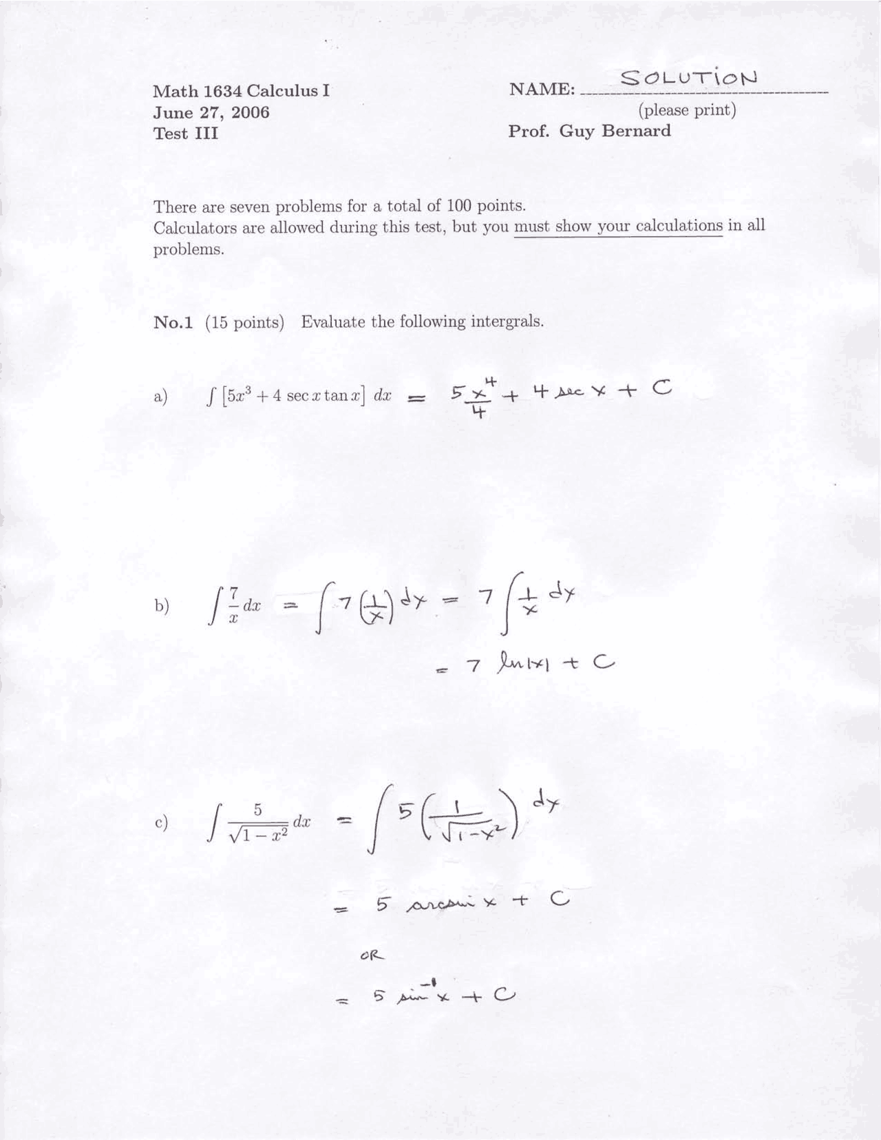 Exam 3 With Solution Calculus I Math 1634 Docsity