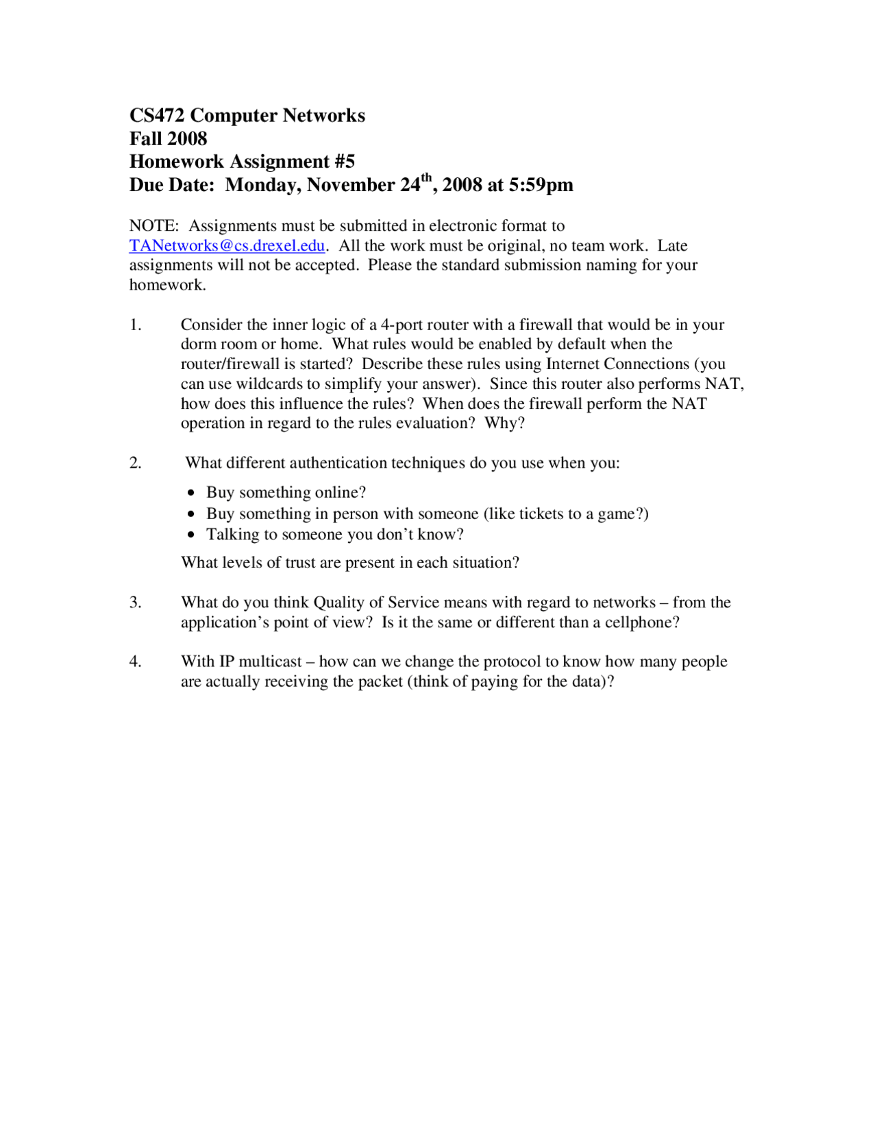 Homework 5 Questions Computer Networks Fall 2008 Cs 472 Docsity