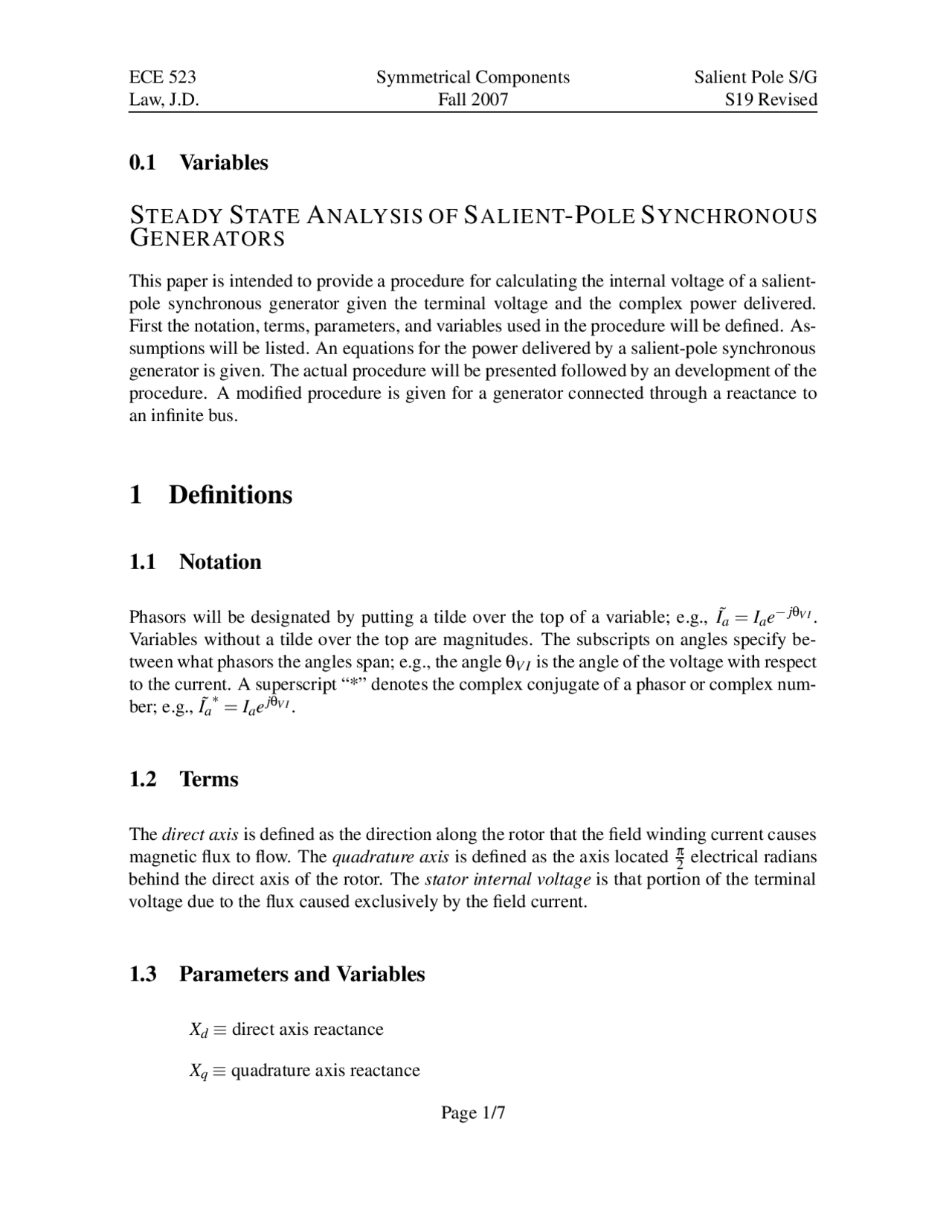 Steady State Analysis Of Salient Pole Synchronous Generation Ece 523