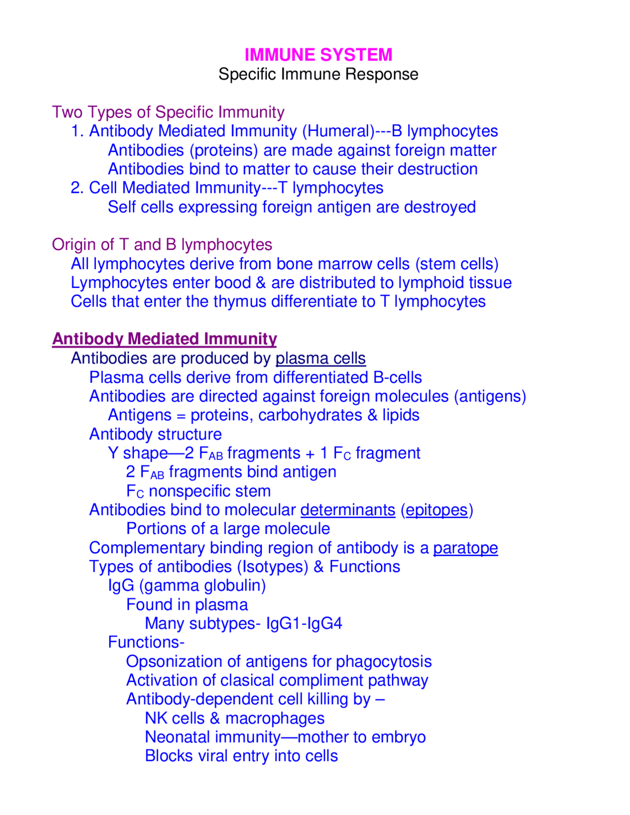 Immune System And Specific Immune Response Lecture Notes Bios 355