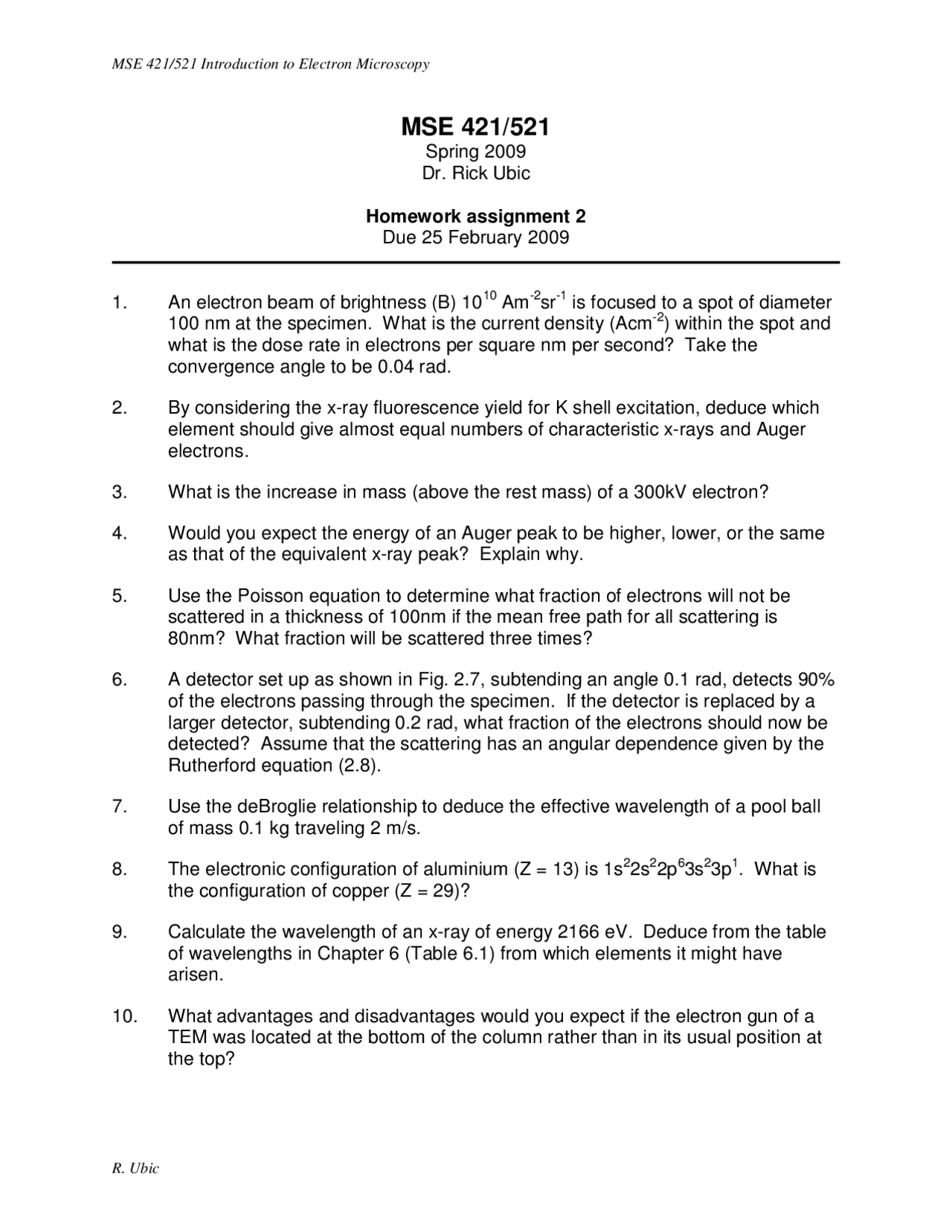 Assignment 2 For Introduction To Electron Microscopy Mse 421 Docsity