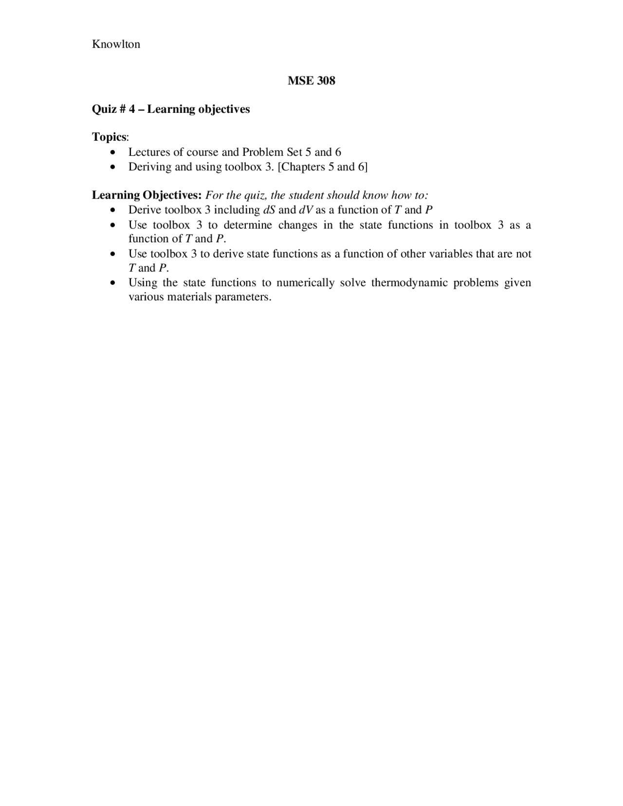 Learning Objectives For Quiz 4 Thermodynamics Of Materials Mse 308