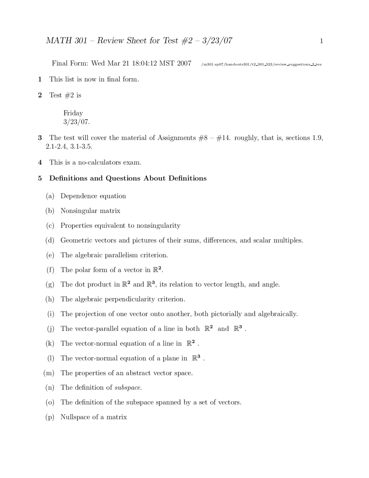 Review Sheet For Exam 2 Introduction To Linear Algebra Math 301