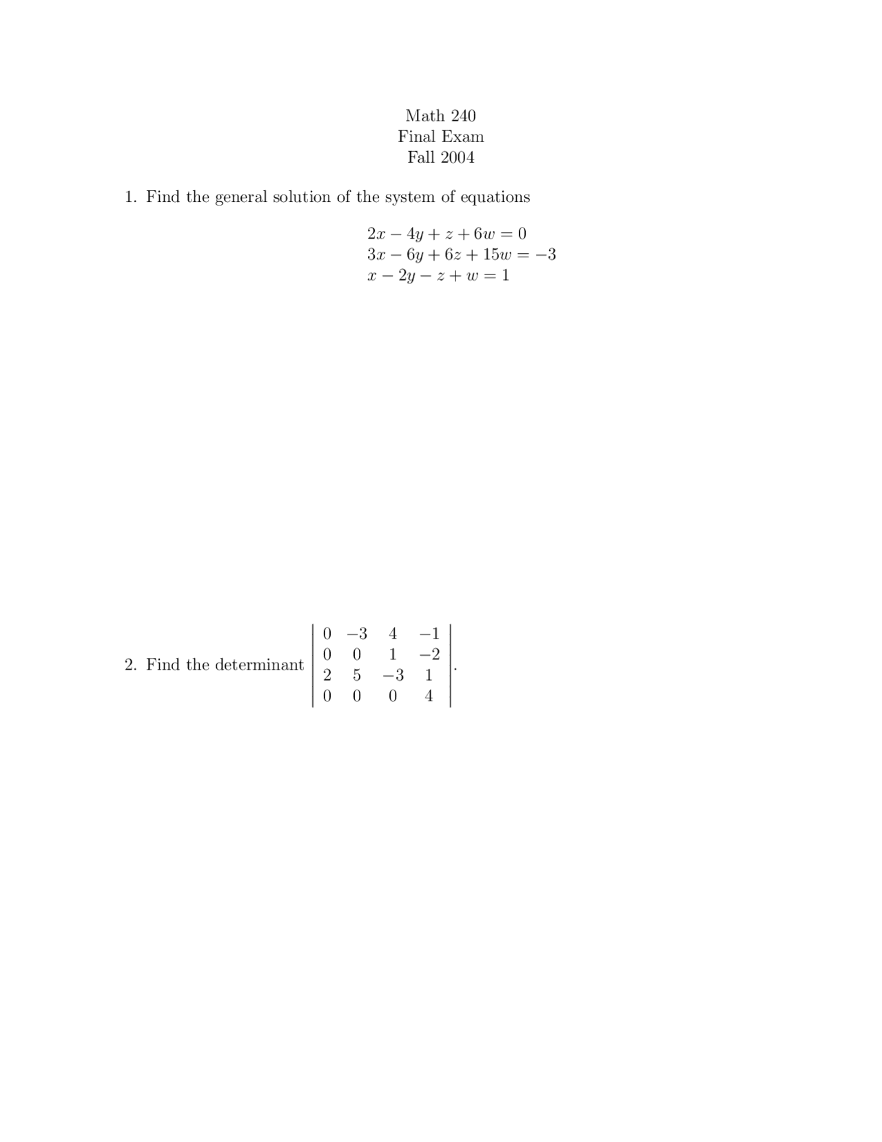 Solved Questions On System Of Equations Final Exam Math 240 Docsity