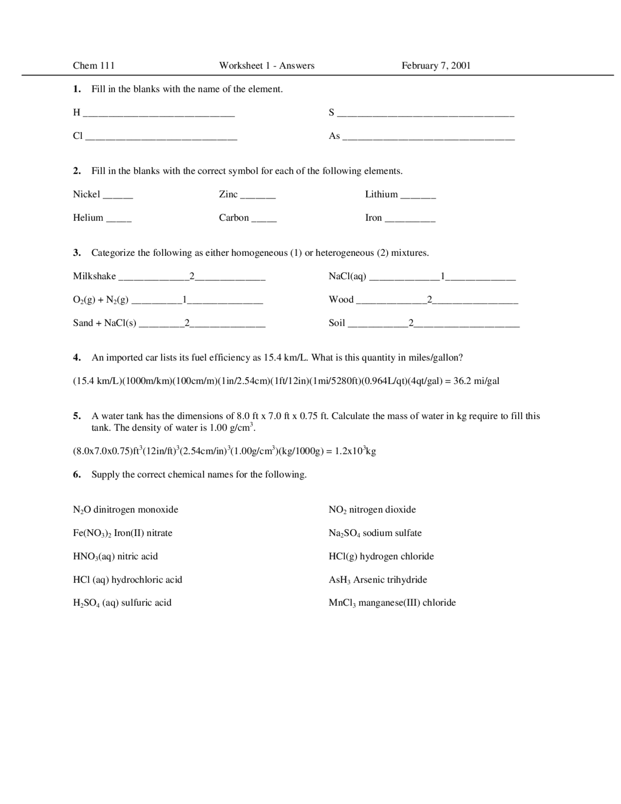 Worksheet 1 - Answers - Principles of Chemistry I, Fall 2001 | CHEM 111 ...