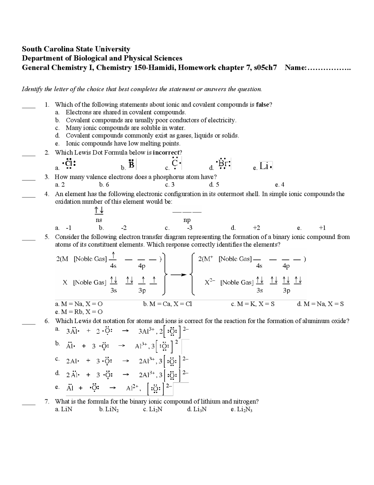 Practice Questions For Exam General Chemistry I C 150 Docsity
