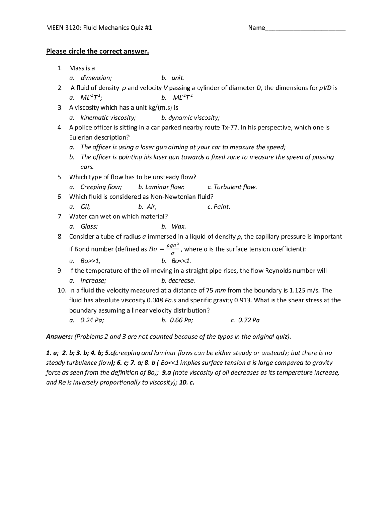 Quiz 1 MCQs with Answers Key - Fluid Mechanics | MEEN 3120 | Quizzes Fluid Mechanics | Docsity