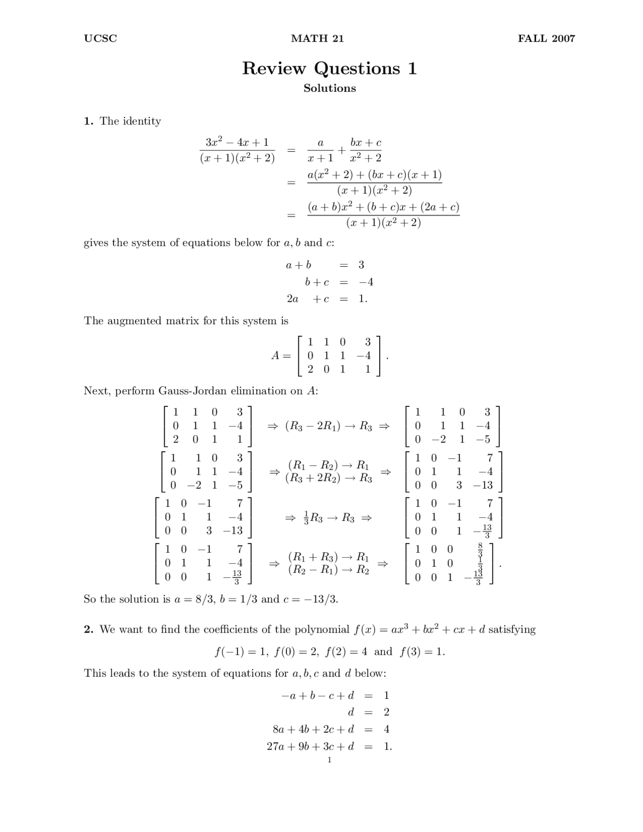 5 Solved Problems On Linear Algebra Review Sheet Math 21 Docsity