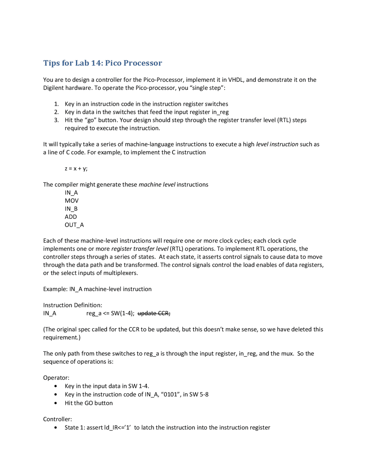 Lab 14: Pico Processor - Logic Circuit | ECE 241 - Docsity
