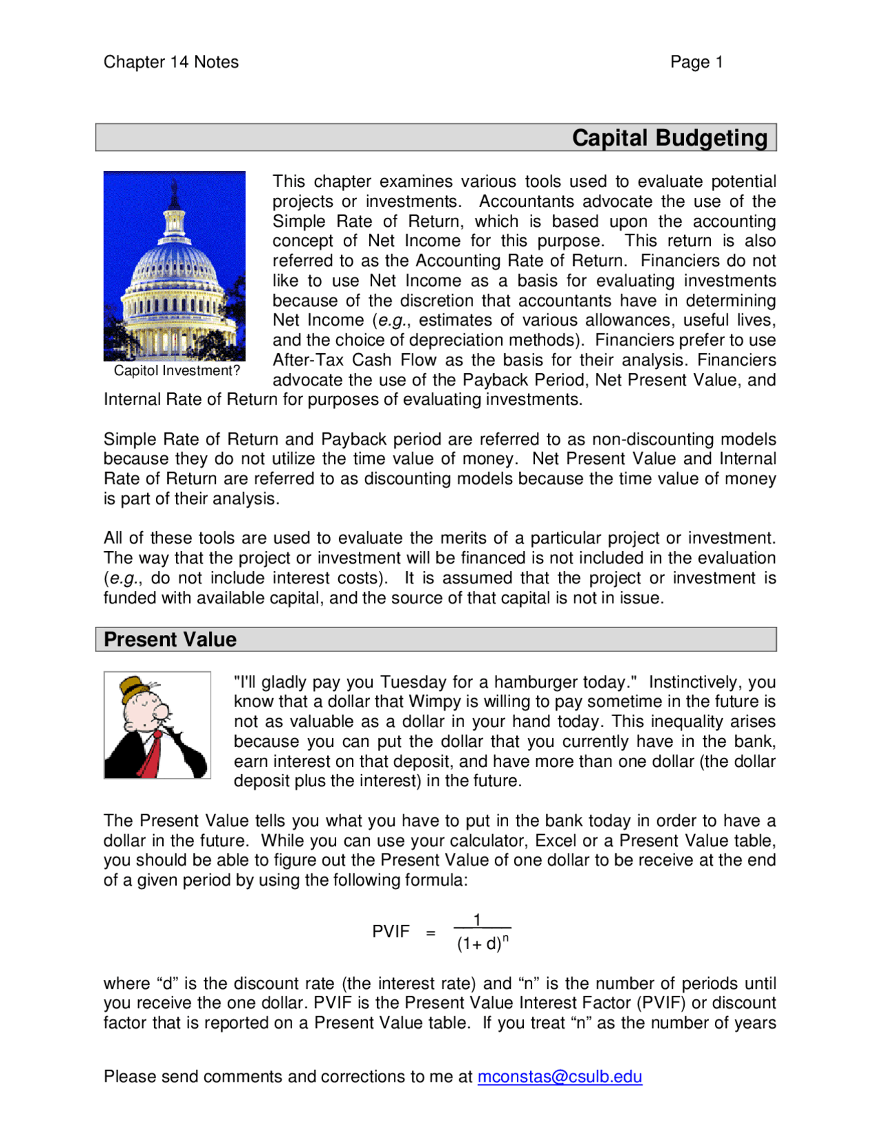 Notes On Capital Budgeting Cost Accounting For Managers Acct 310