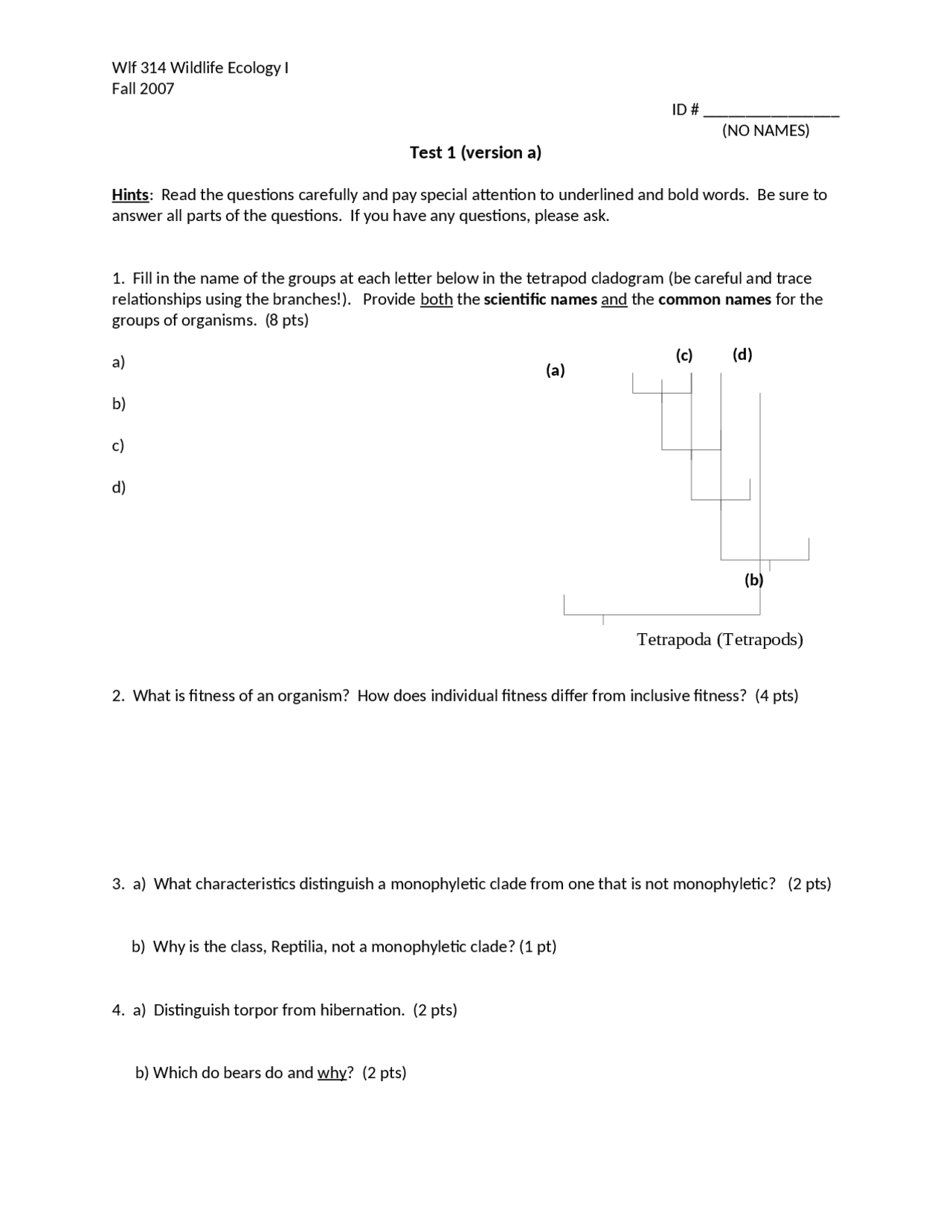 12 Questions for Exam 1 - Wildlife Ecology I | WLF 314 - Docsity