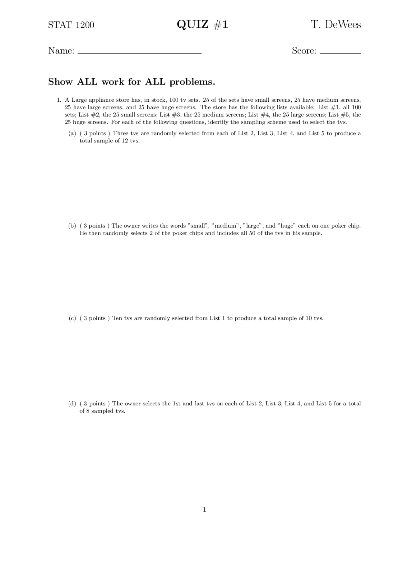 Introductory Statistical Reasoning Quiz 1 Stat 1200 Docsity
